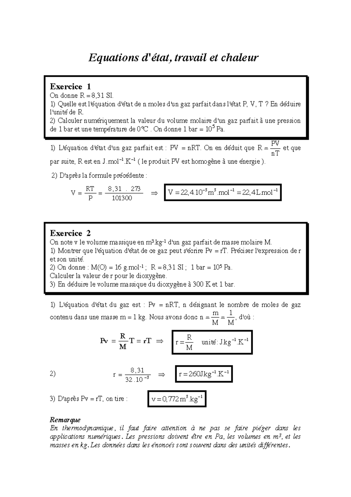 Gaz parfaits exercices corriges 01 - Equations d'état, travail et ...