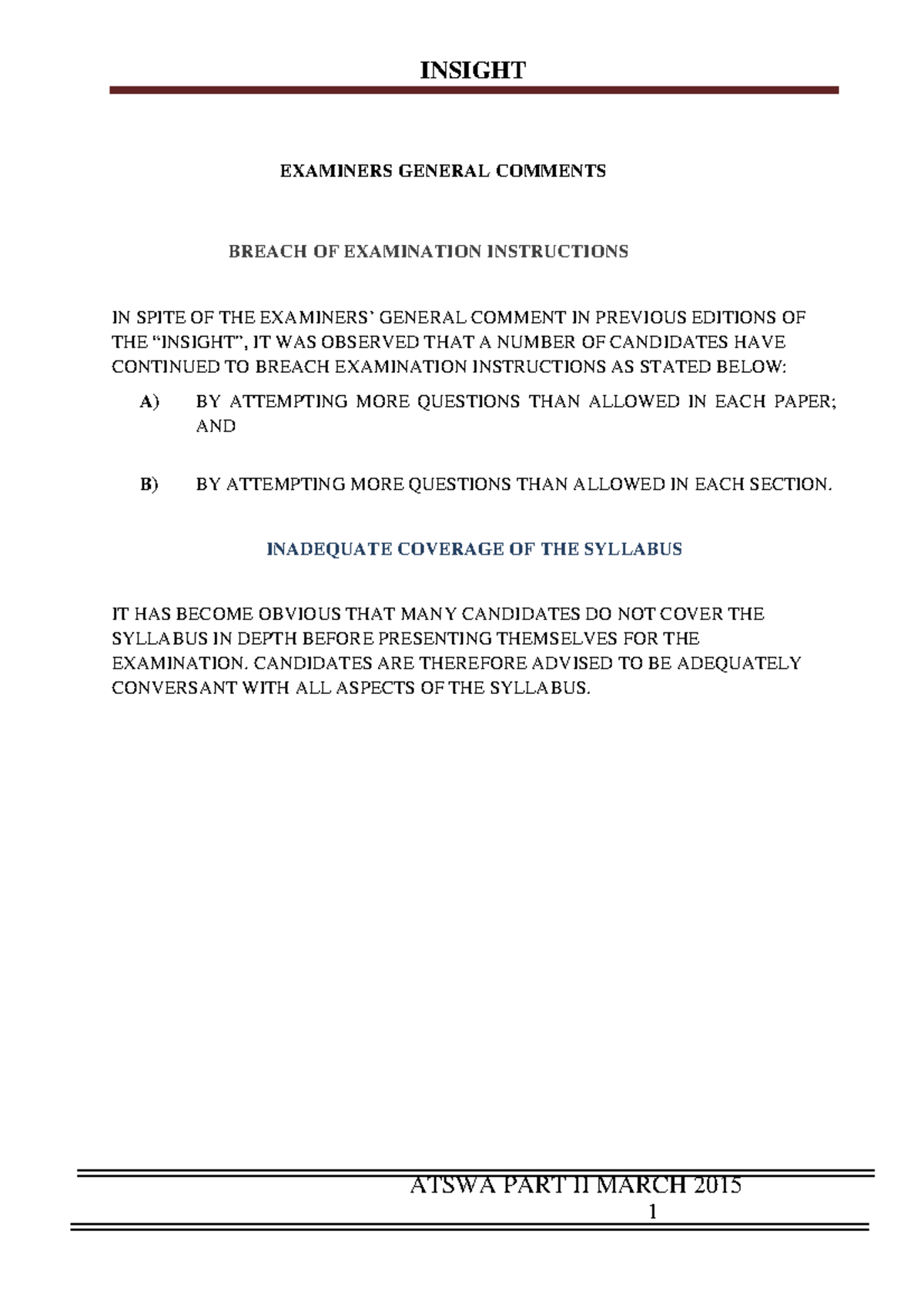 PART II Insight March 2015 - ATSWA PART II MARCH 2015 EXAMINERS GENERAL ...