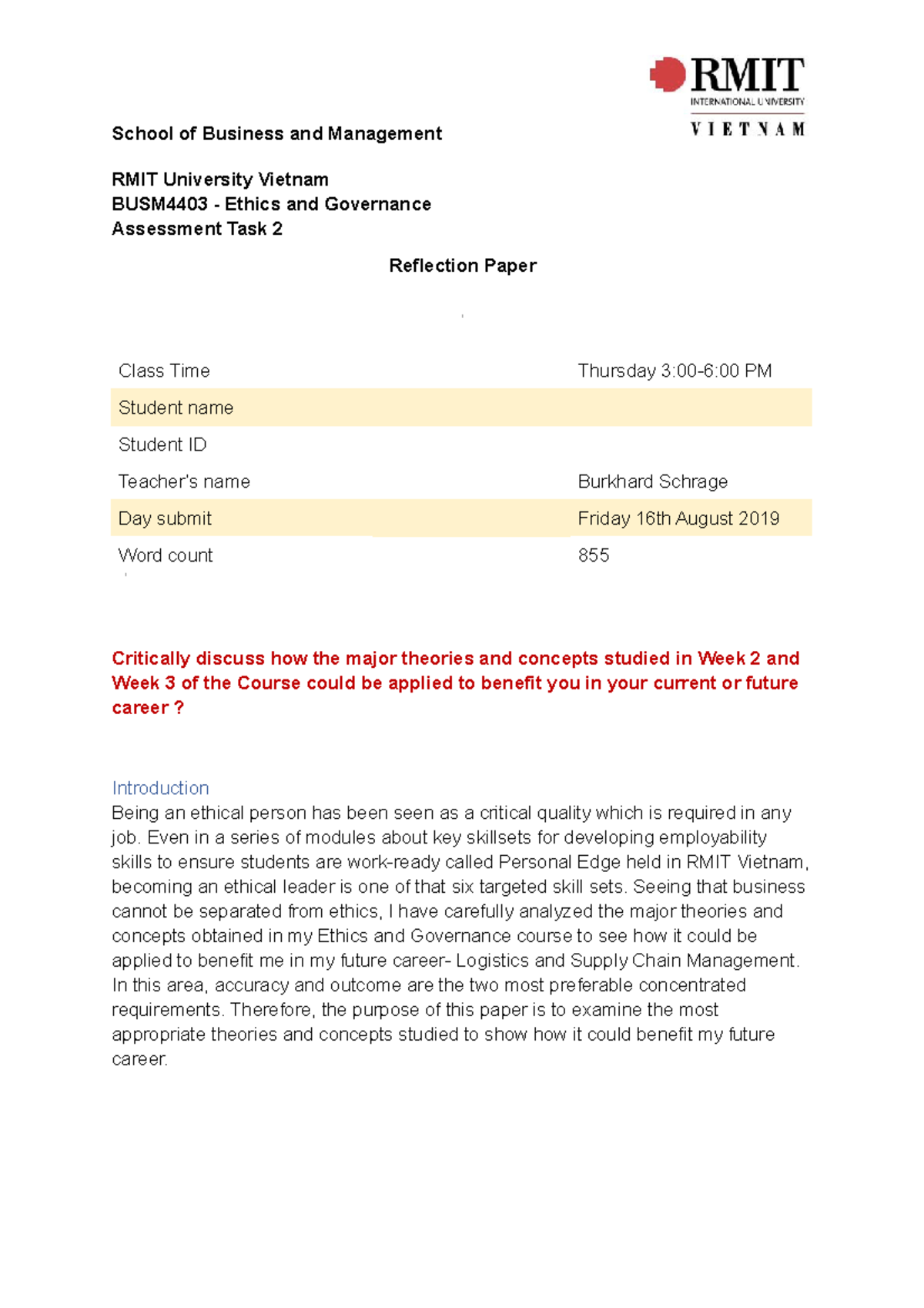 Assessment Task 2-Reflection Paper BUSM4403 - School of Business and ...