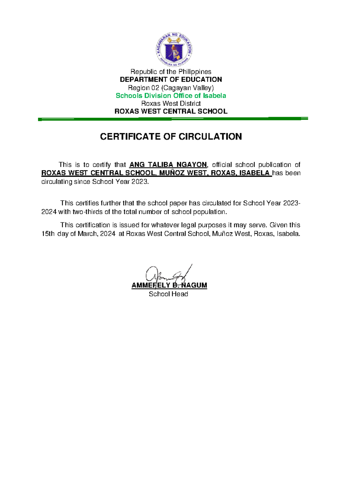 Certificate-OF- Circulation - Republic of the Philippines DEPARTMENT OF ...