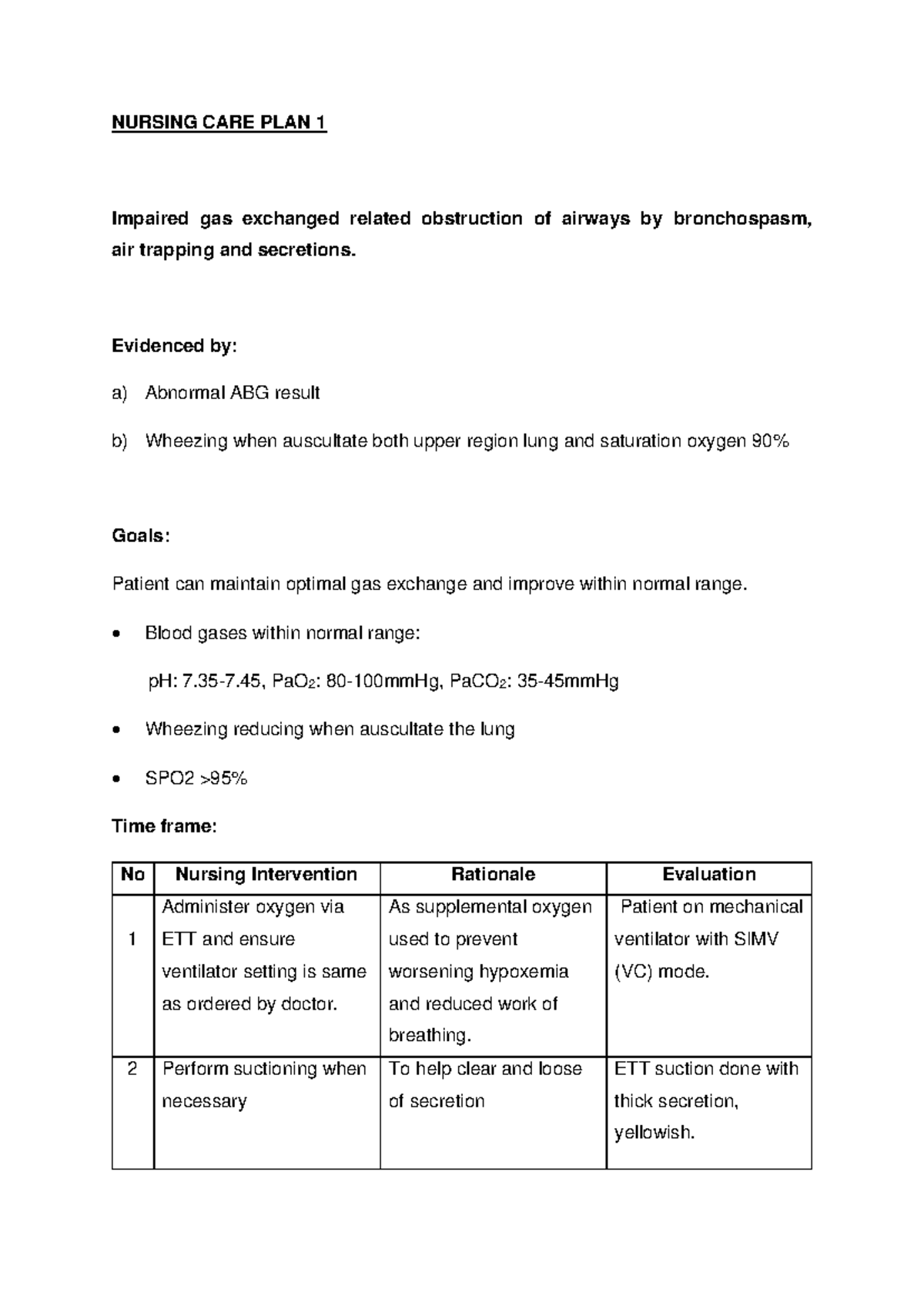 NCP's KCIS ICU - respiratory - NURSING CARE PLAN 1 Impaired gas ...