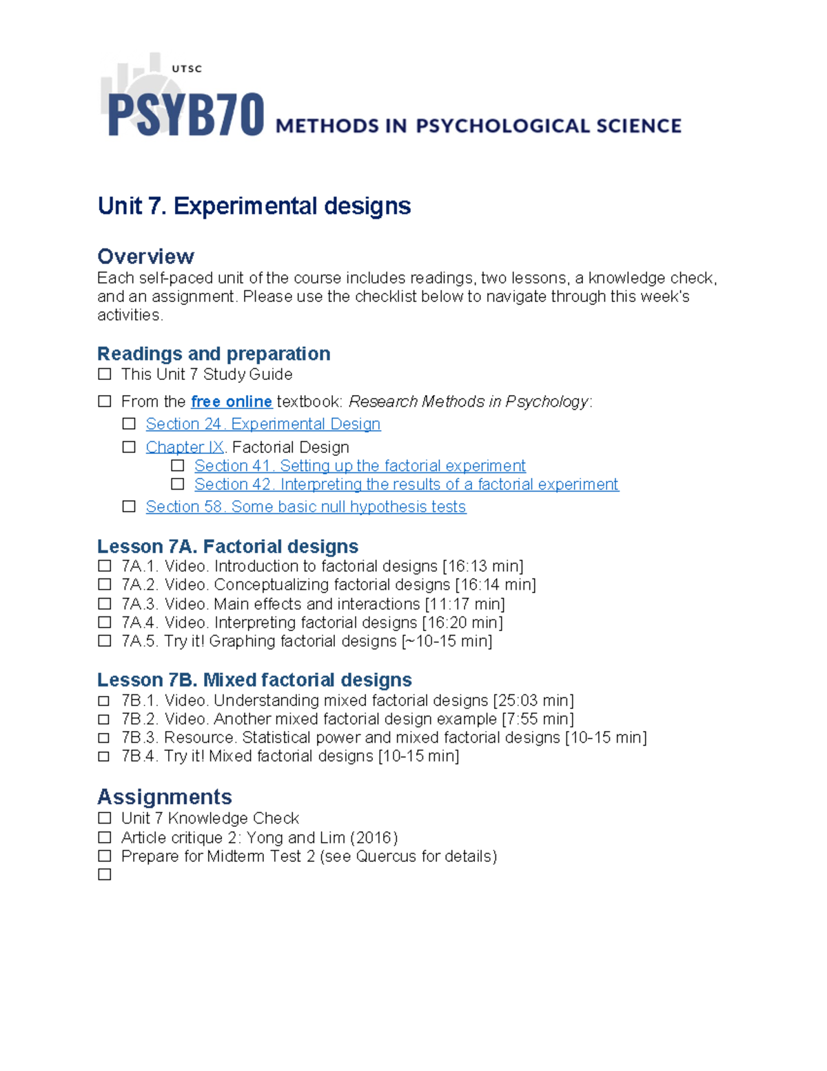 Unit 7 Study Guide - Unit 7. Experimental designs Overview Each self ...