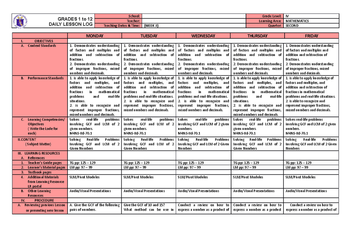 Math Q2-W3 - NONE - GRADES 1 to 12 DAILY LESSON LOG School: Grade Level ...