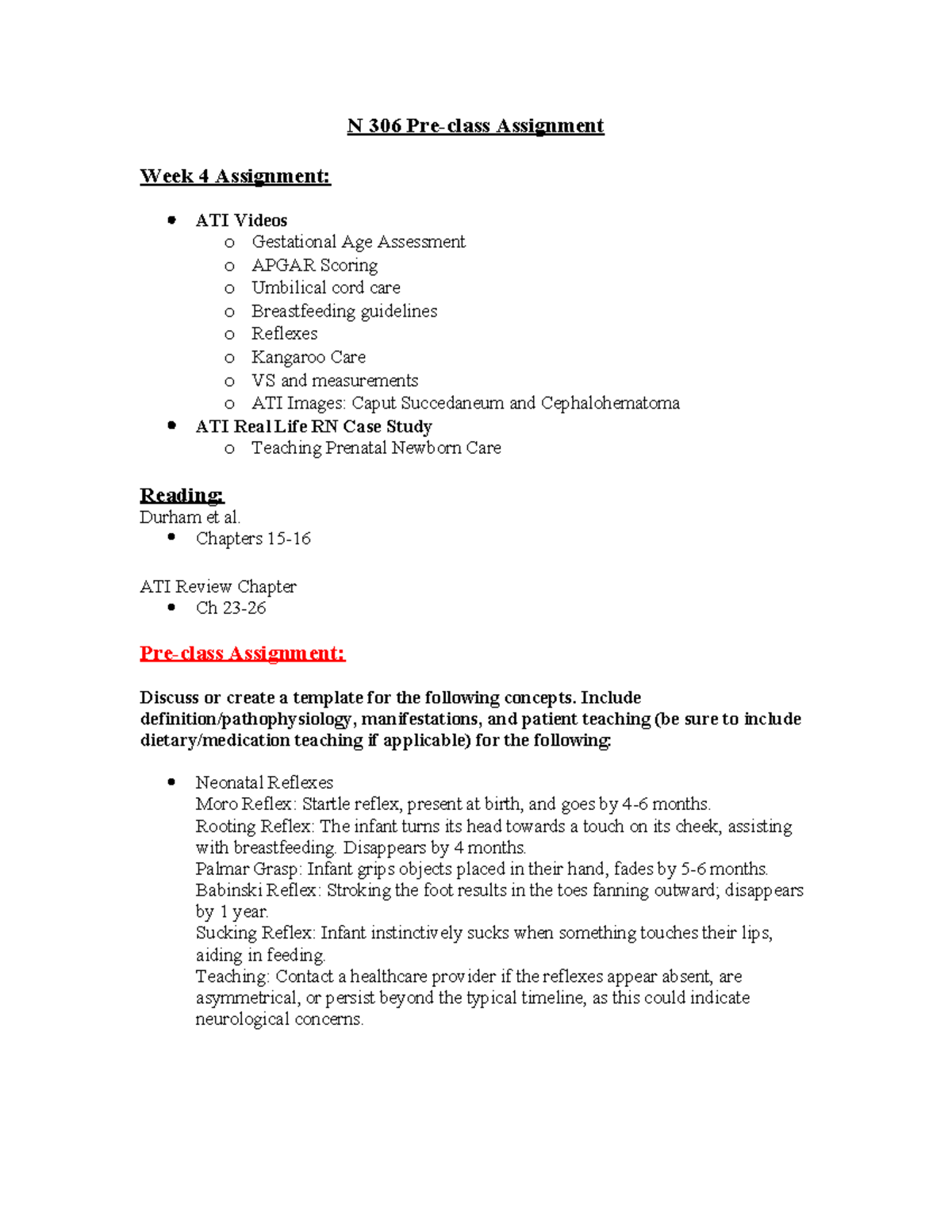 N306 Week 4 PCA-1 - WEEK4 - N 306 Pre-class Assignment Week 4 Assignment: ATI Videos o ...