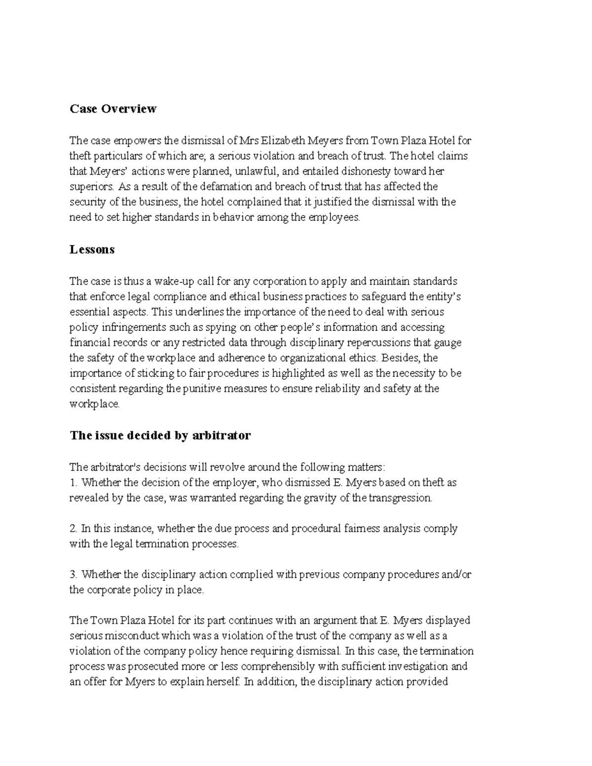 Arbitration case Elizabeth meyers - Case Overview The case empowers the ...