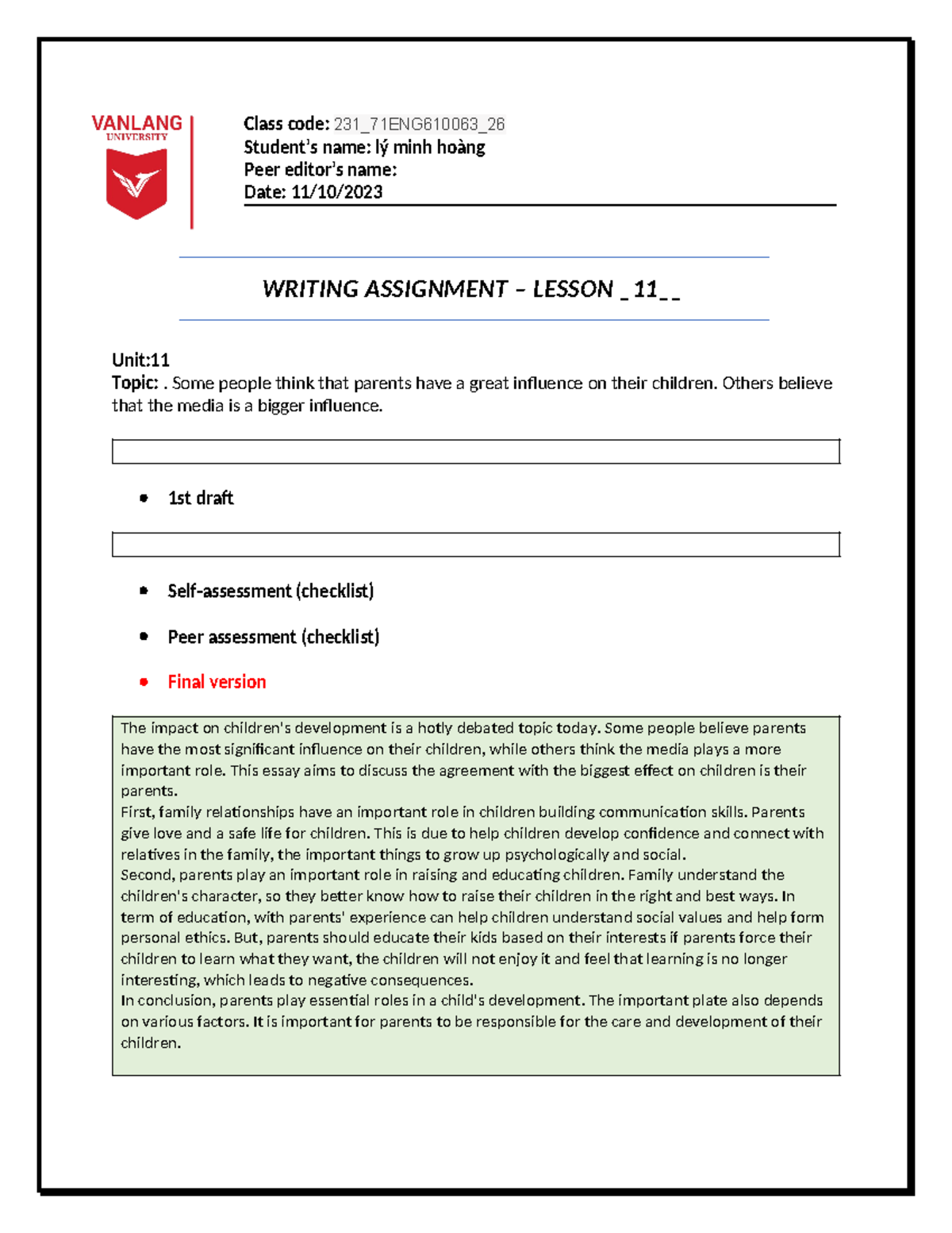 Template Writing assignment - Class code: 231_71ENG610063_ Student’s name: lý minh hoàng Peer ...