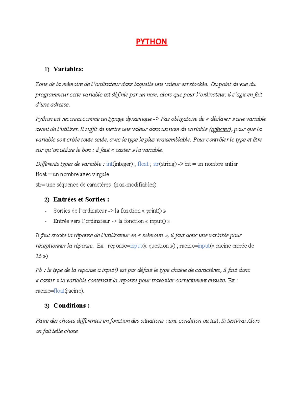 Python - Programmation - PYTHON 1) Variables: Zone de la mémoire de l ...