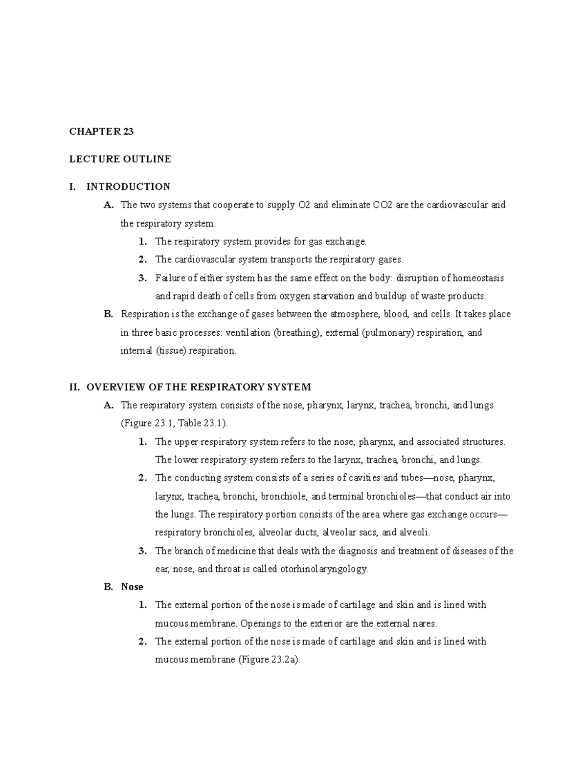 Ch23 outline - OVERVIEW OF THE RESPIRATORY SYSTEM: including ...