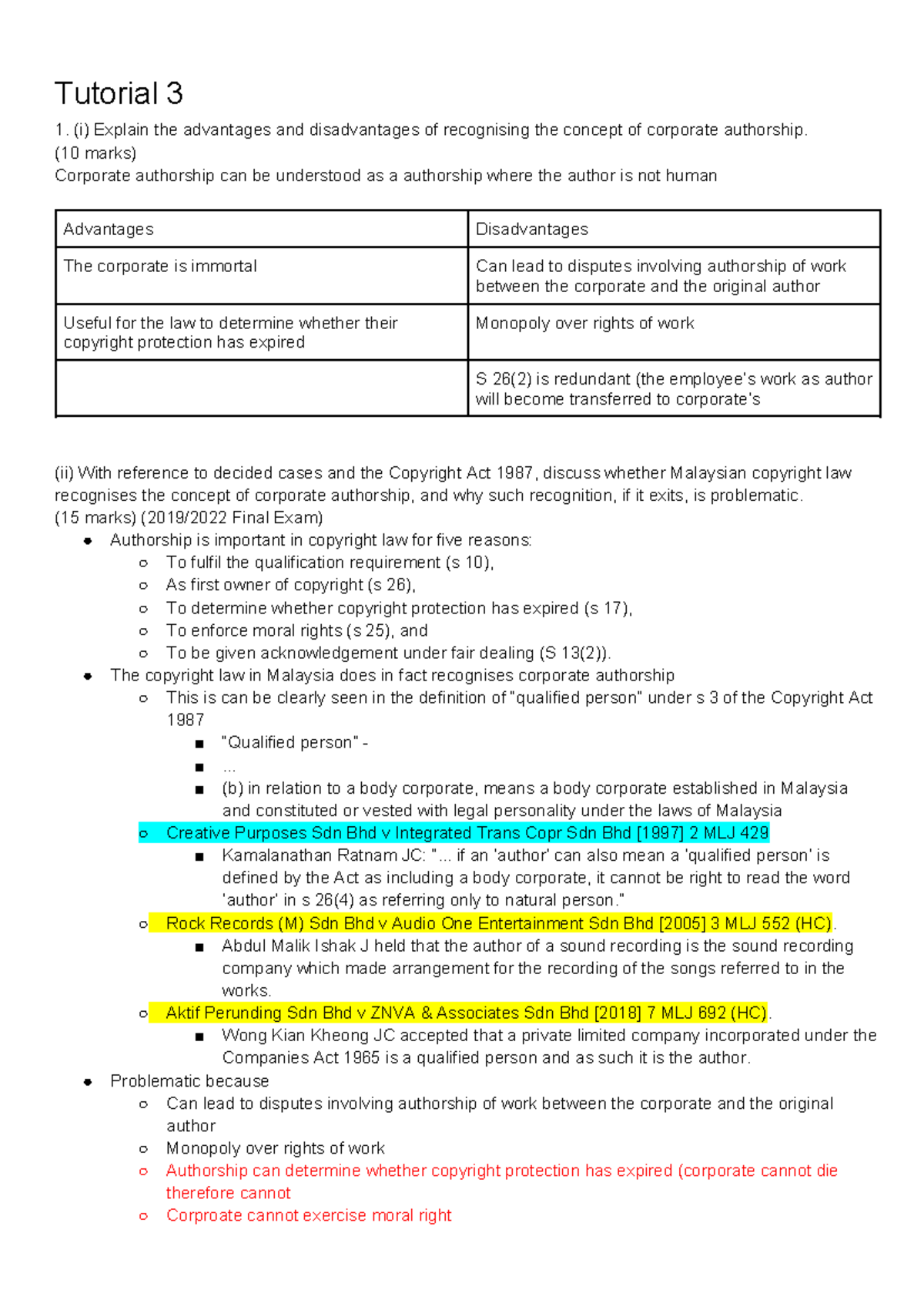 IP Tutorial 2 - Tutorial 3 (i) Explain the advantages and disadvantages of recognising the ...