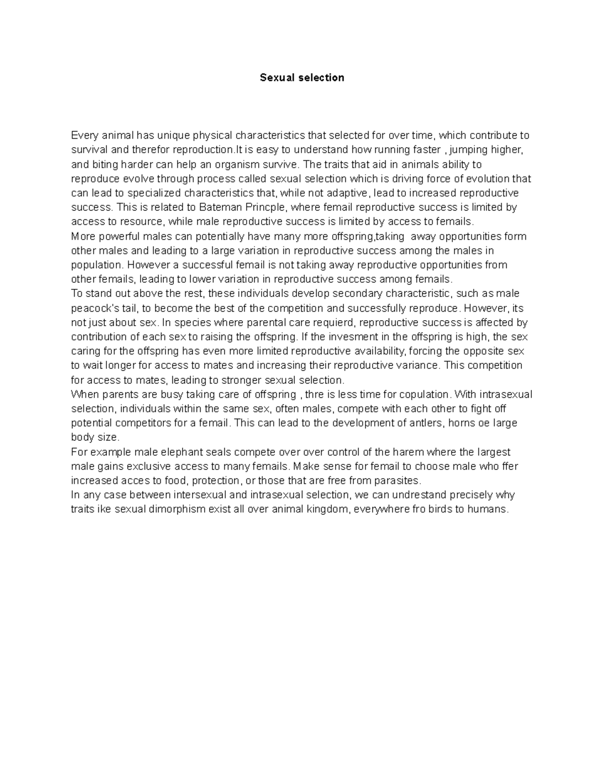 Bio1, writing assigment, part 1pdf - Sexual selection Every animal has ...