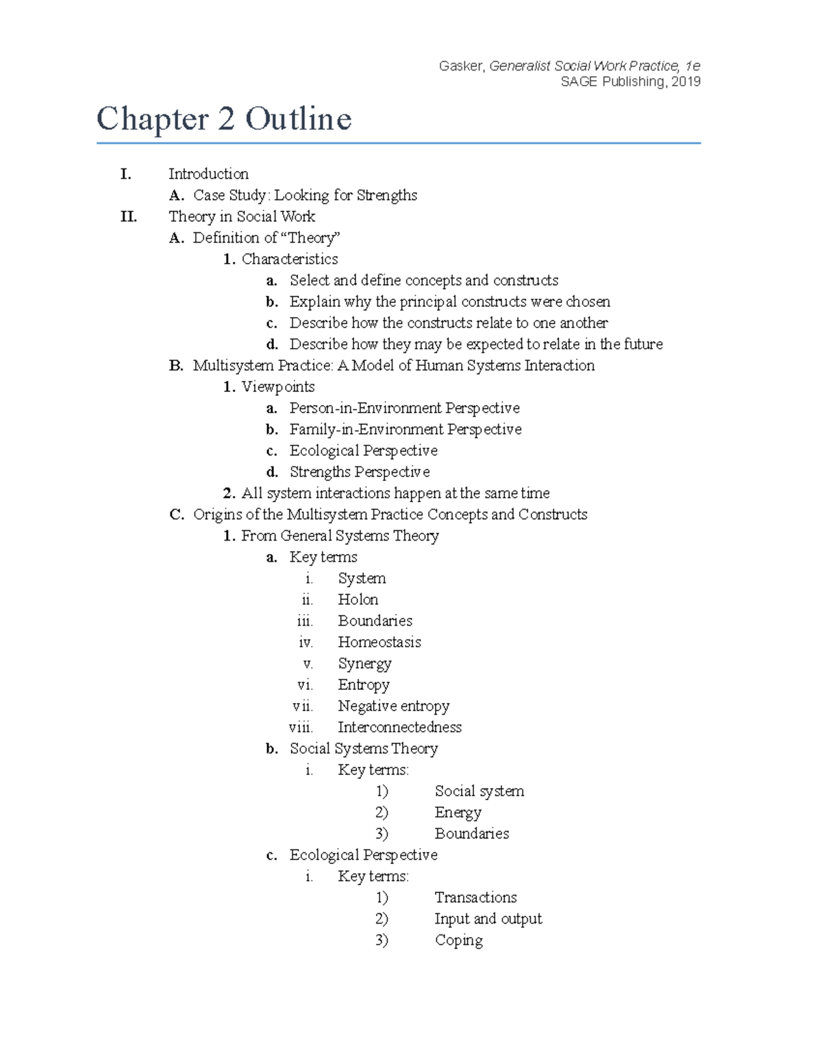 Gen Practice-I - Gasker-Chapter 2 Outline - Gasker, Generalist Social ...