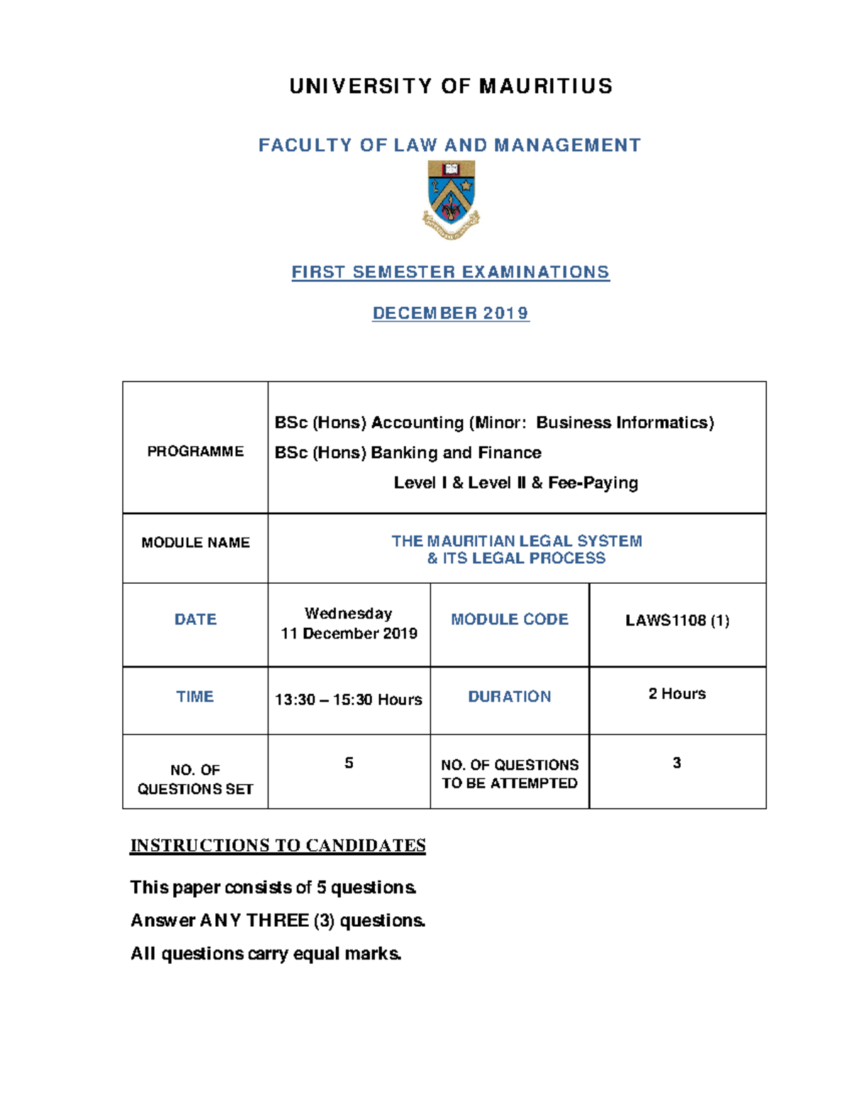 LAWS1108 1 2019 1- mauritius legal system and its legal process- YEAR 1 ...
