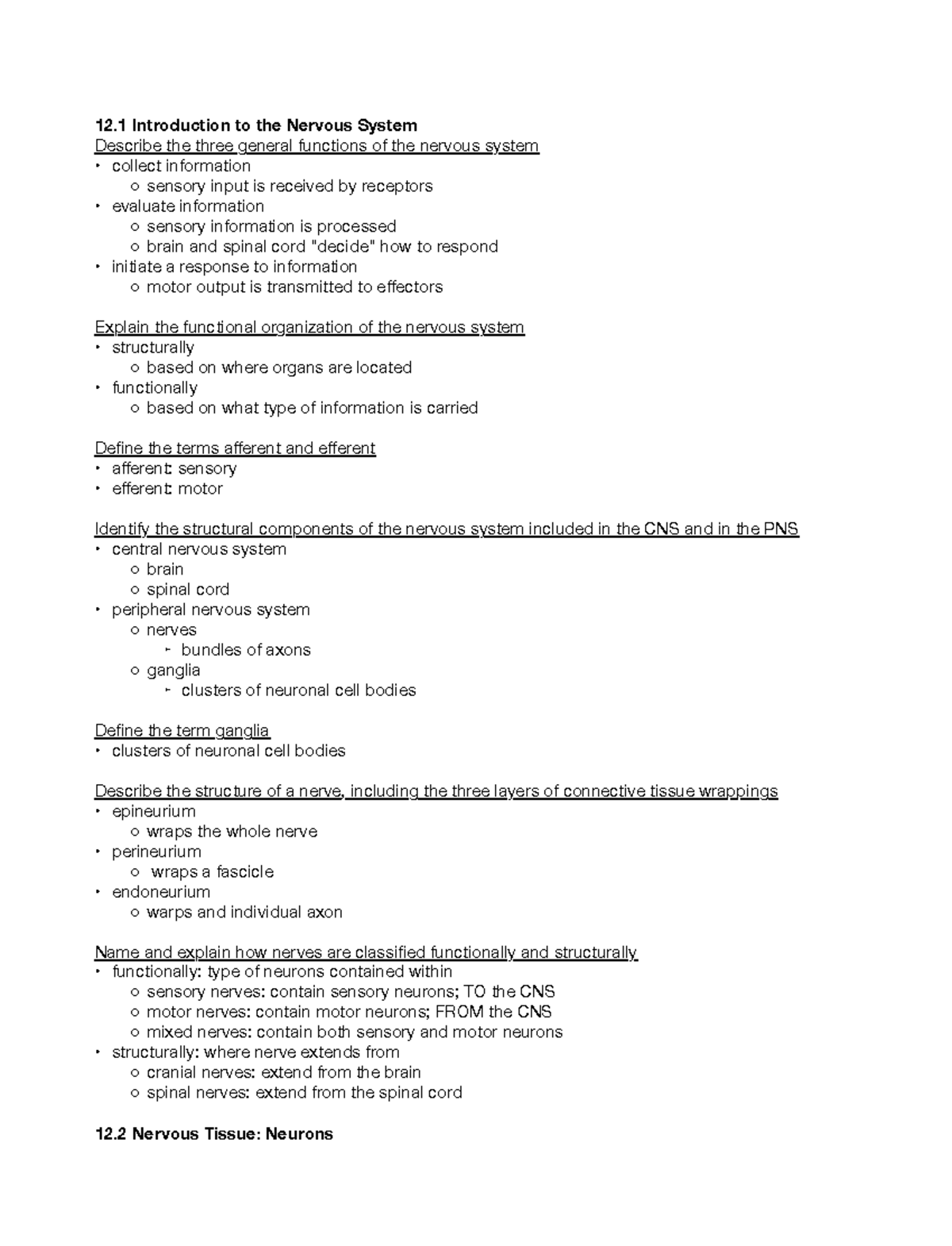 Ch 12 learning objectives X - 12 Introduction to the Nervous System ...
