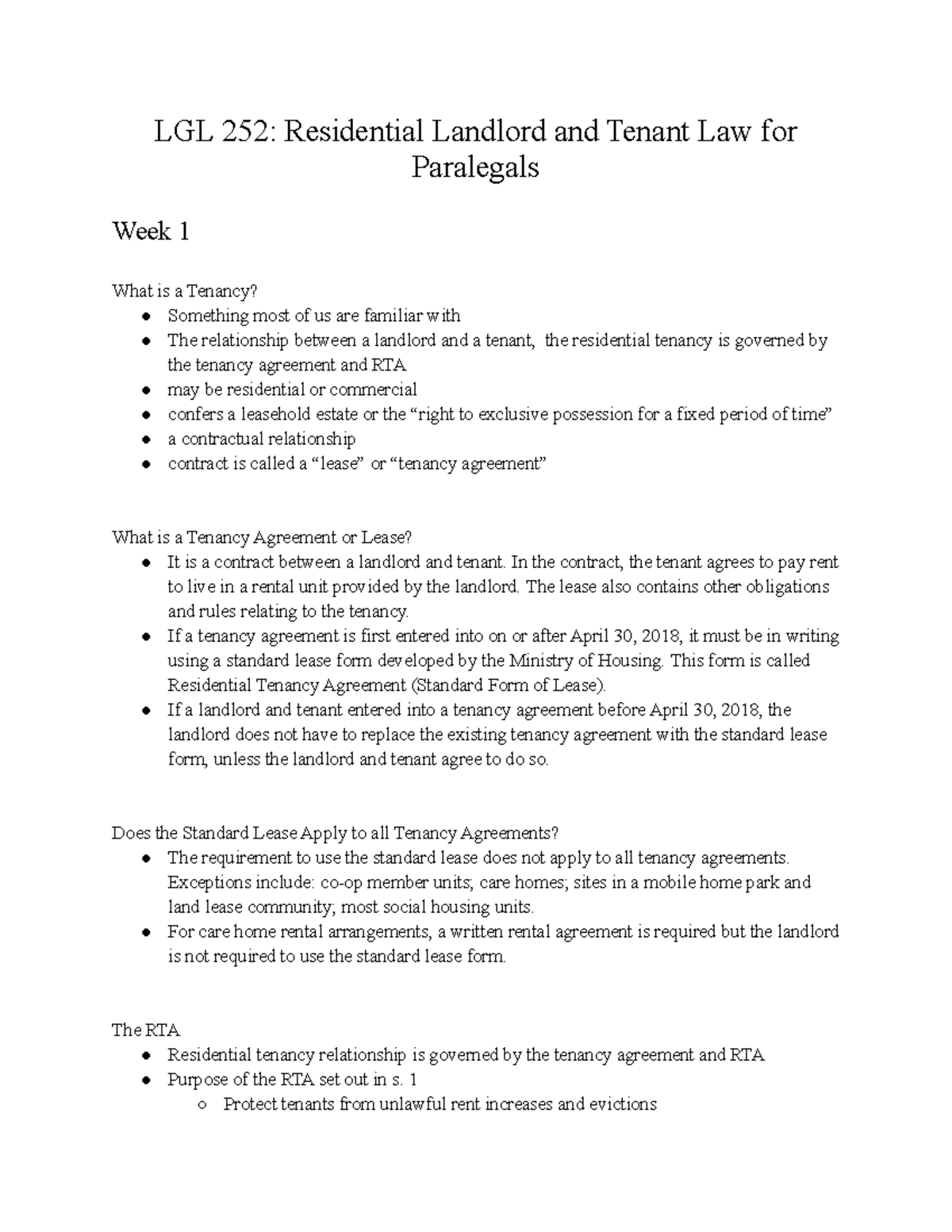 LGL 252 - 2 weeks of lecture notes - LGL 252: Residential Landlord and ...