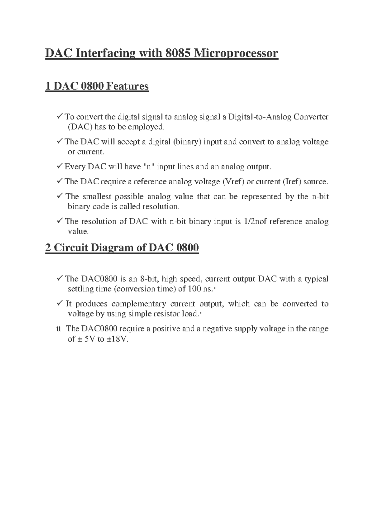 Unit-5 - DAC Interfacing with 8085 Microprocessor 1 DAC 0800 Features To convert the digital ...