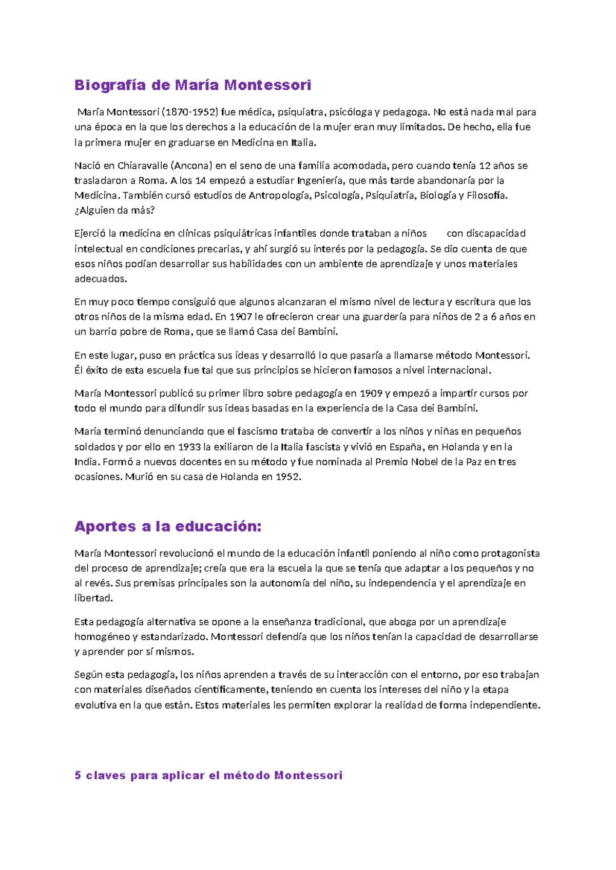 Biografía de María Montessori - Biografía de María Montessori María ...