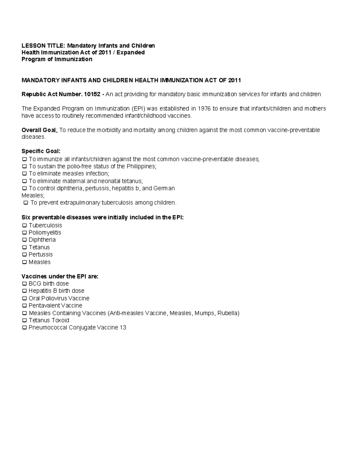 SAS 17 CHN - CHN PDF - LESSON TITLE: Mandatory Infants and Children Health Immunization Act of ...