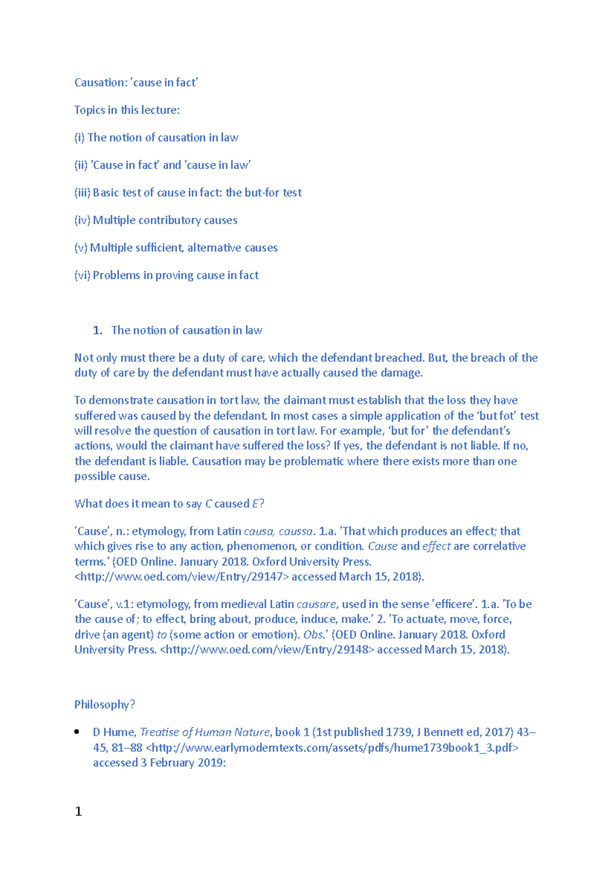 'cause in fact' - law lecture notes - Causation: 'cause in fact' Topics ...