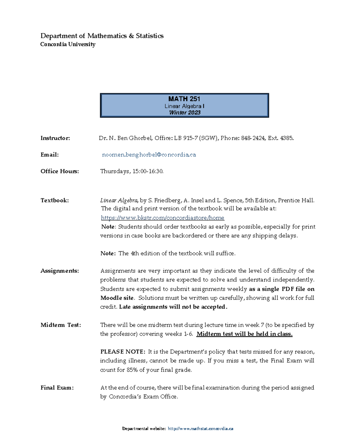 MATH251 AA 23 - course outline about math 251 winter 2023 - Departmental website: mathstat ...