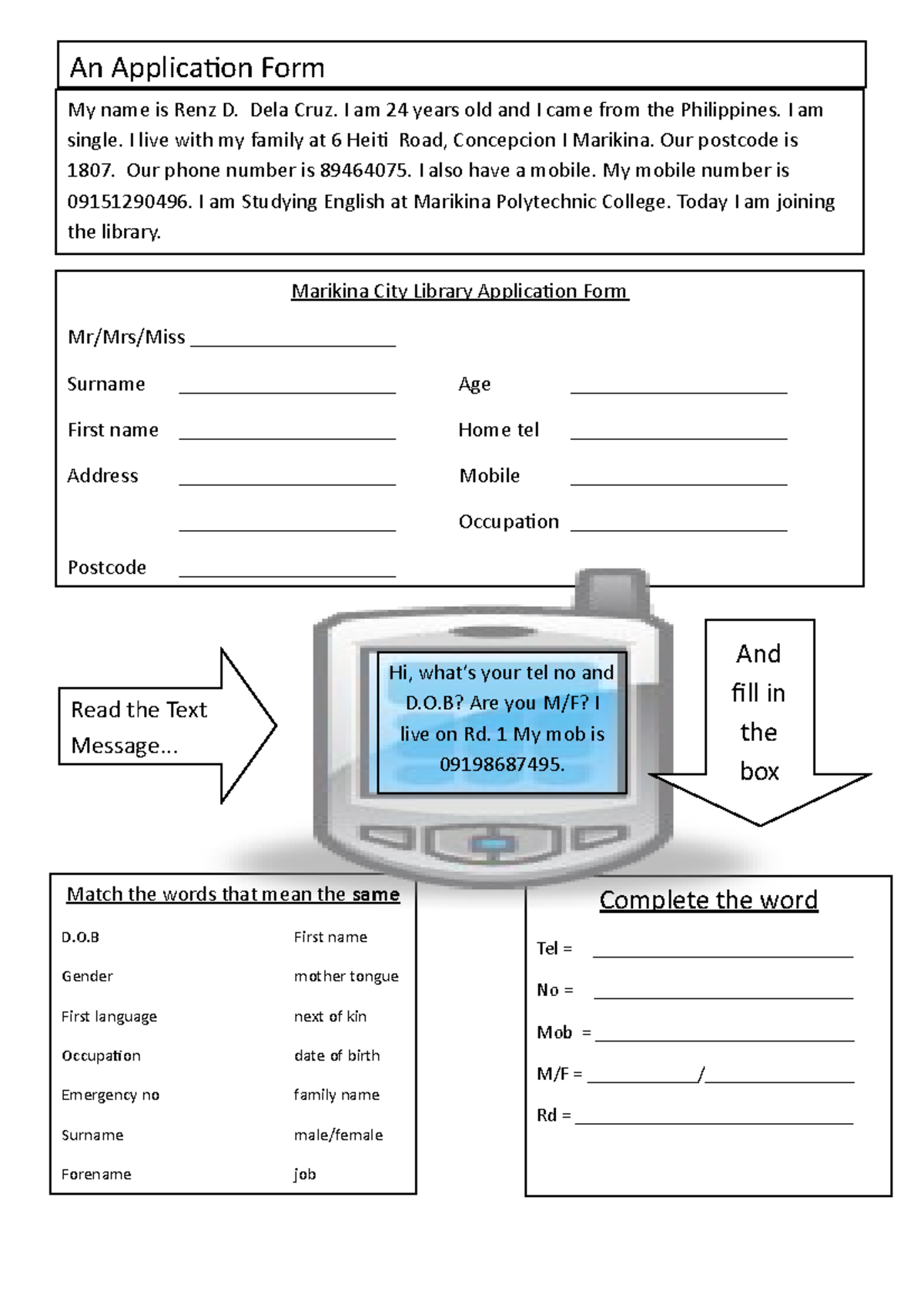 Filling-in-forms-Activity sheet - An Application Form Marikina City ...