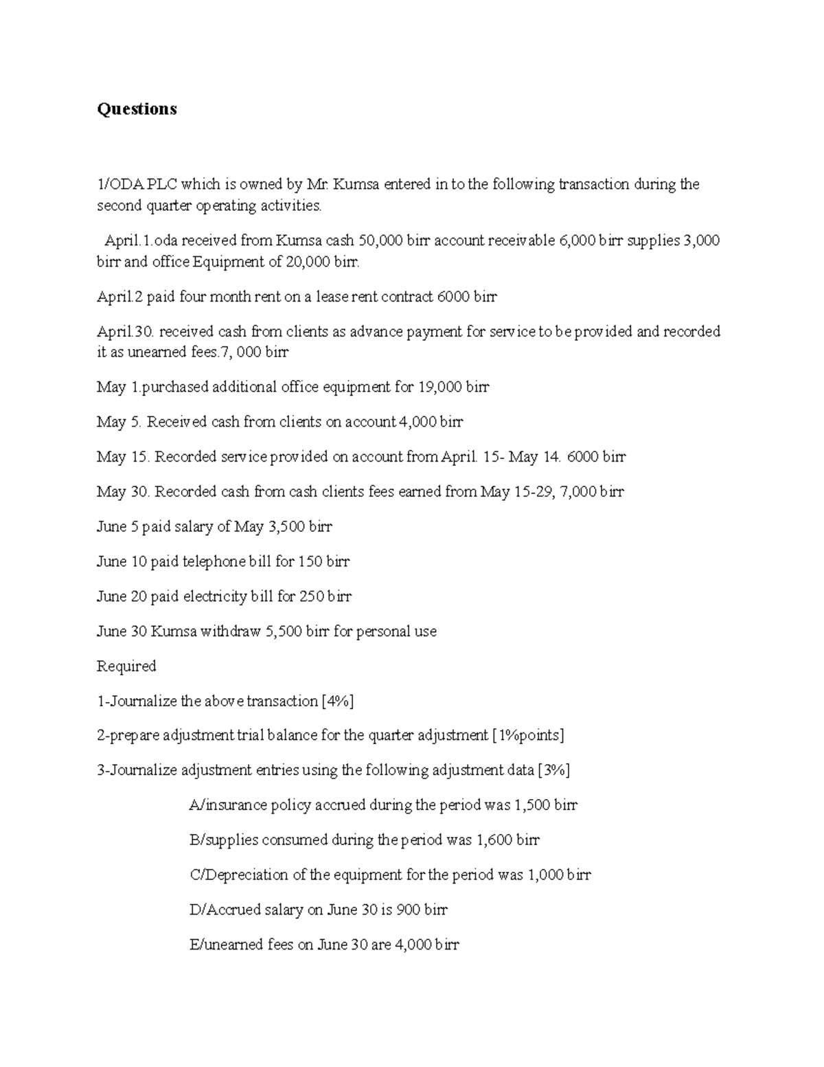 Financial Accounting Assignment - Questions 1/ODA PLC which is owned by ...