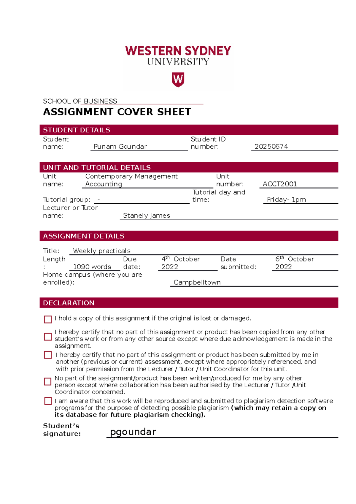 CMA chapter 16 - SCHOOL OF BUSINESS ASSIGNMENT COVER SHEET STUDENT ...
