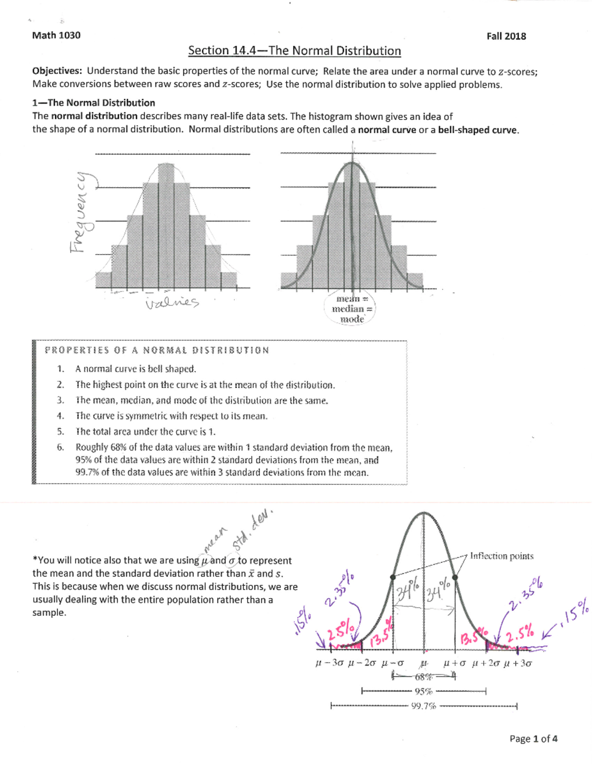 14.4 Notes Math 1030 - Math 1030 ' . . Fall 2018 Section 14—The Normal ...