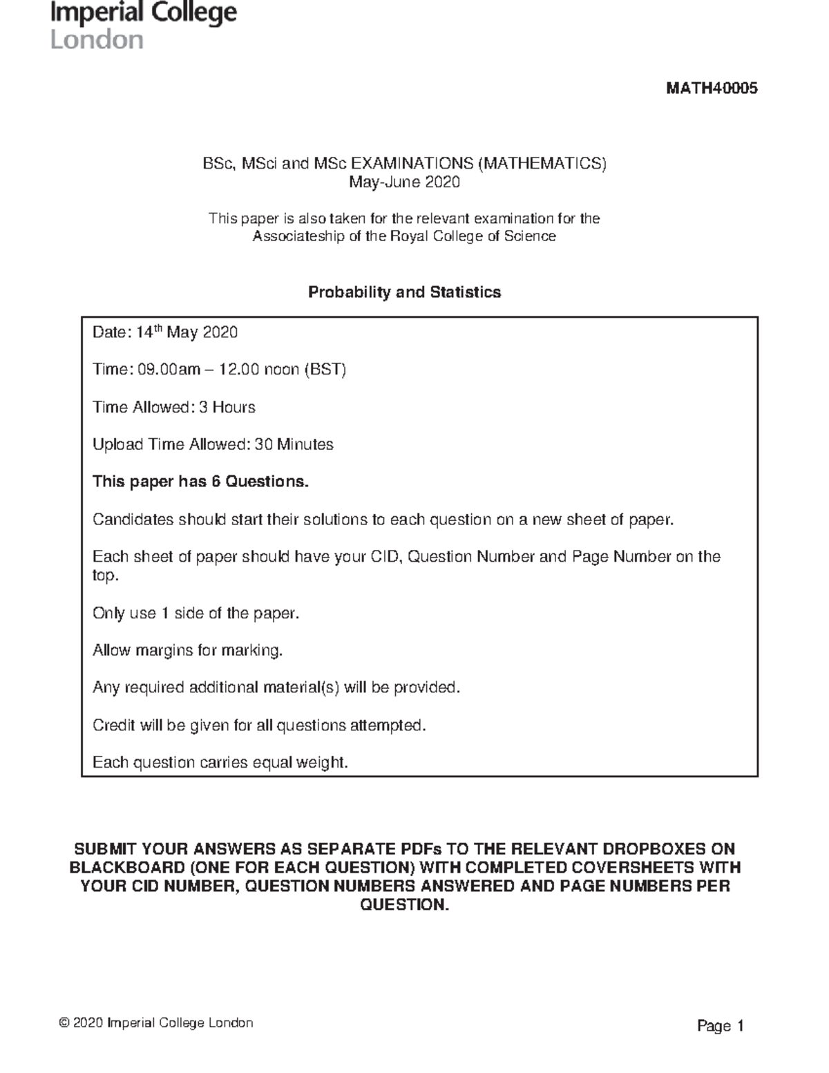 M1S May 2020 - Imperial College M1S probability and Statistics 2019 ...