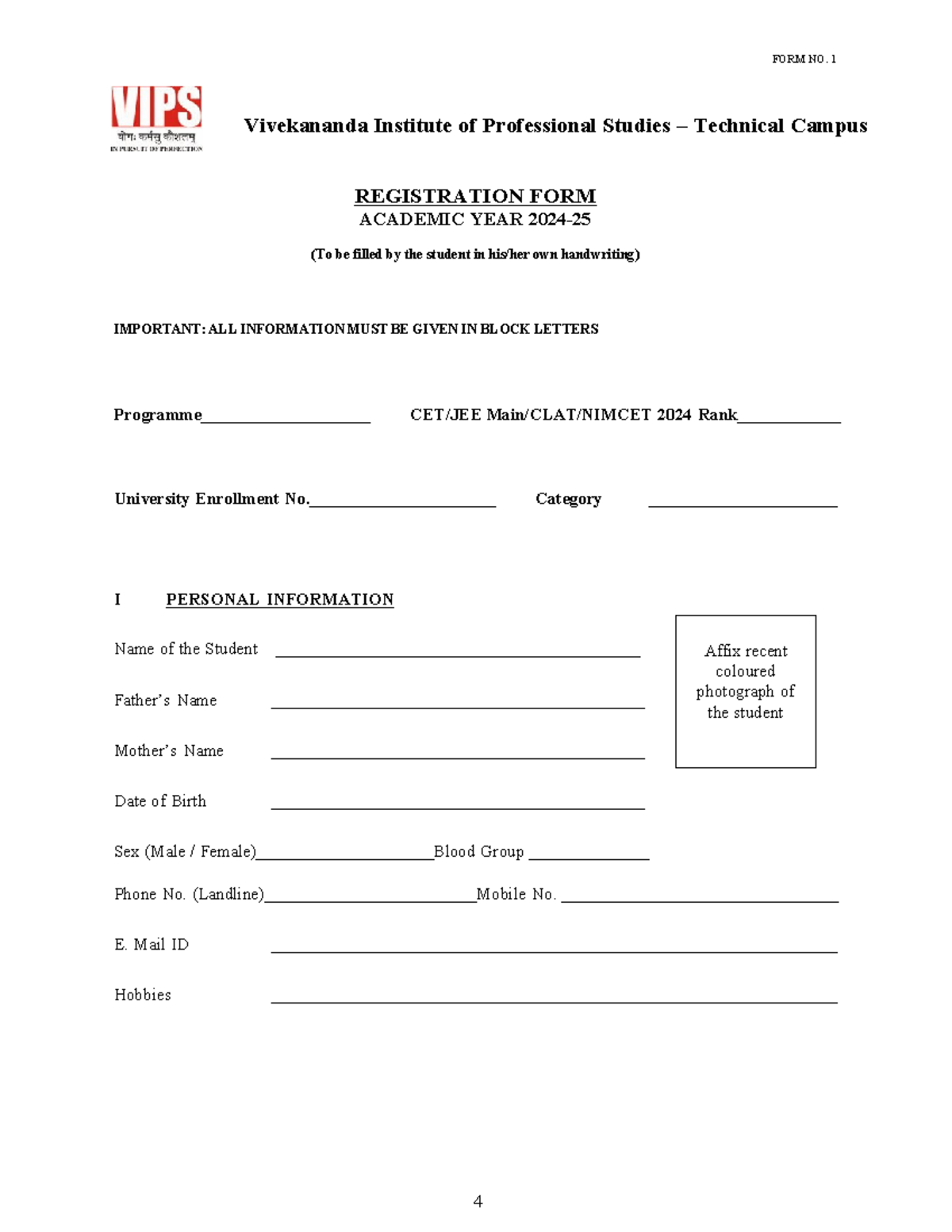 Registration Form - 4 Vivekananda Institute of Professional Studies ...