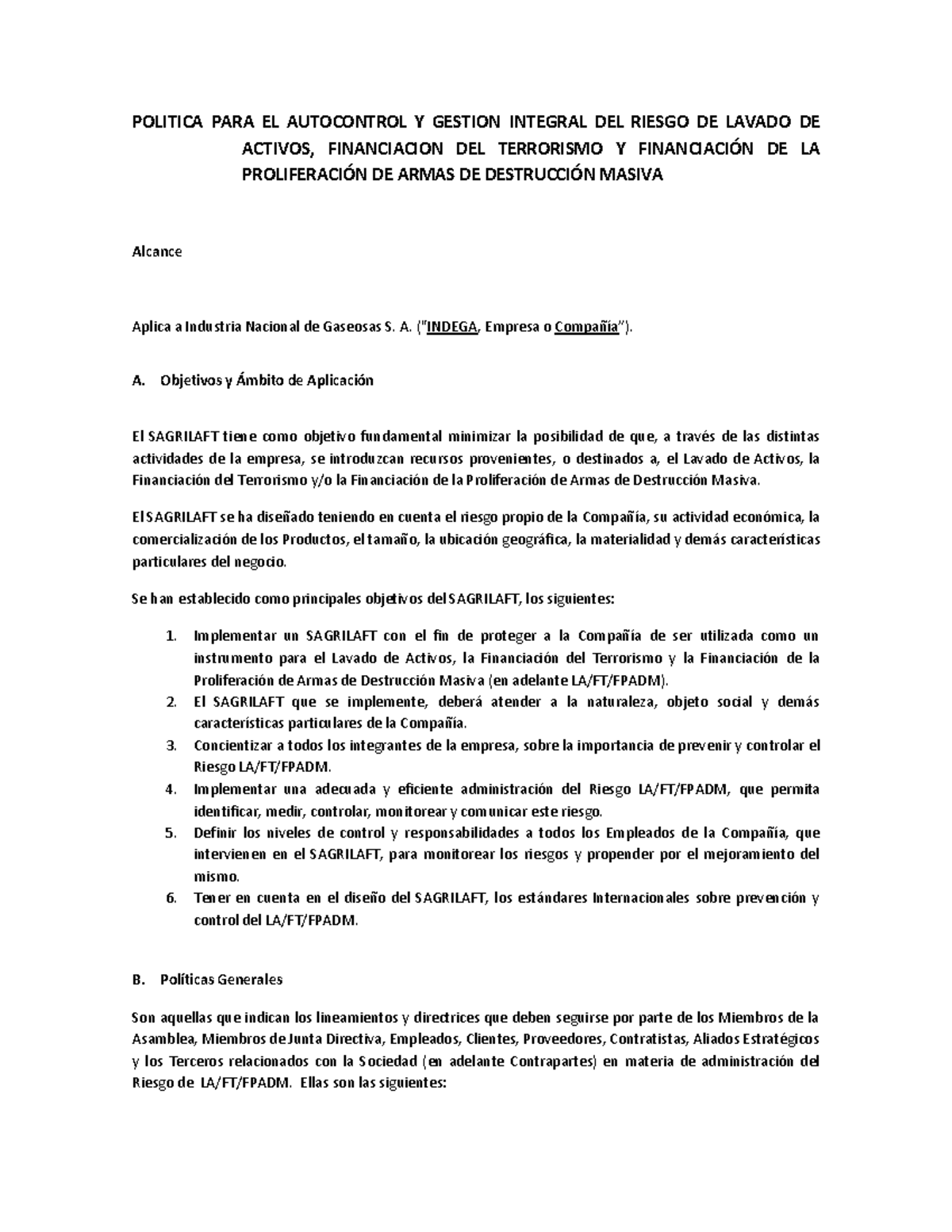 Indega- Politica-Y- Manual- Sagrilaft-Version-Final cocacola - POLITICA ...