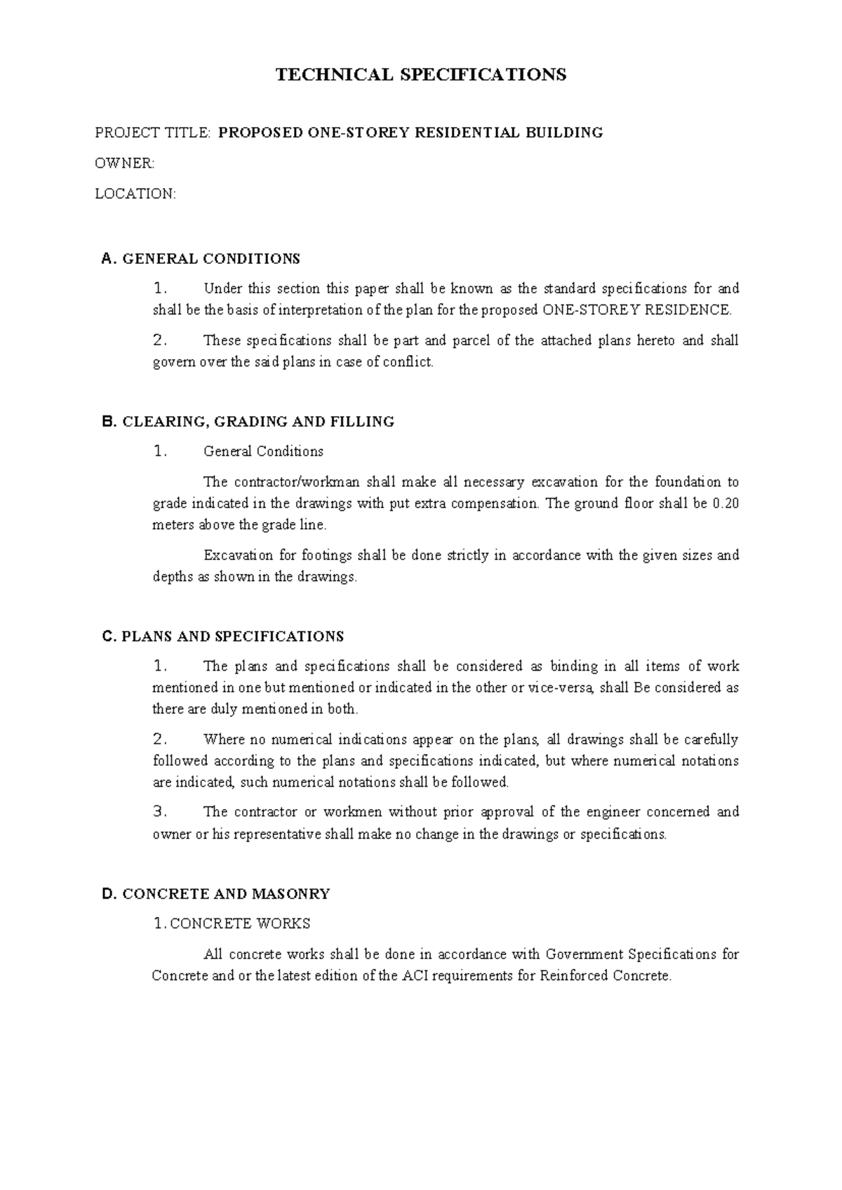 Technical Specifications - TECHNICAL SPECIFICATIONS PROJECT TITLE ...