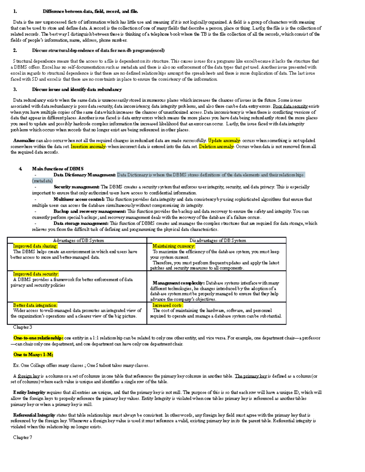 283 notes sheet for exam - Difference between data, field, record, and ...
