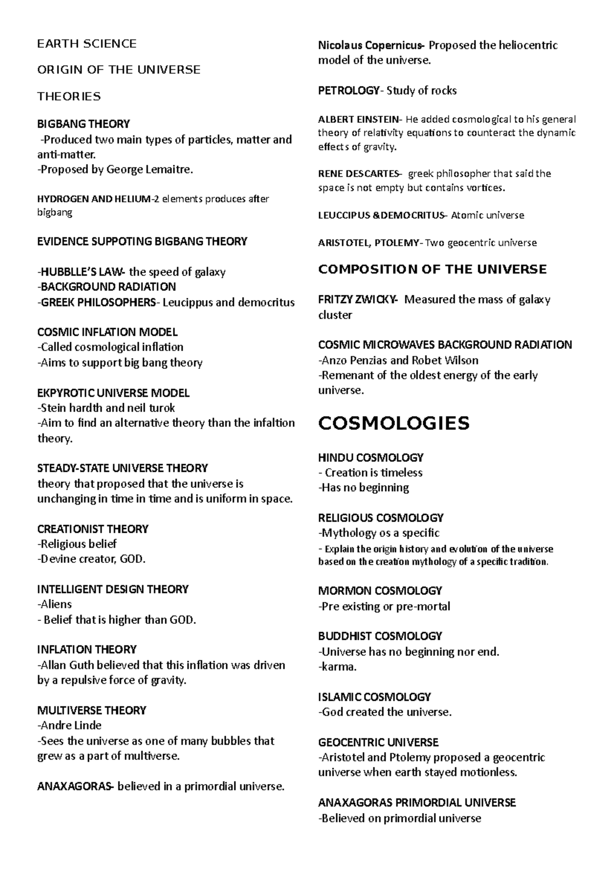 Earth Science Reviewer - EARTH SCIENCE ORIGIN OF THE UNIVERSE THEORIES ...