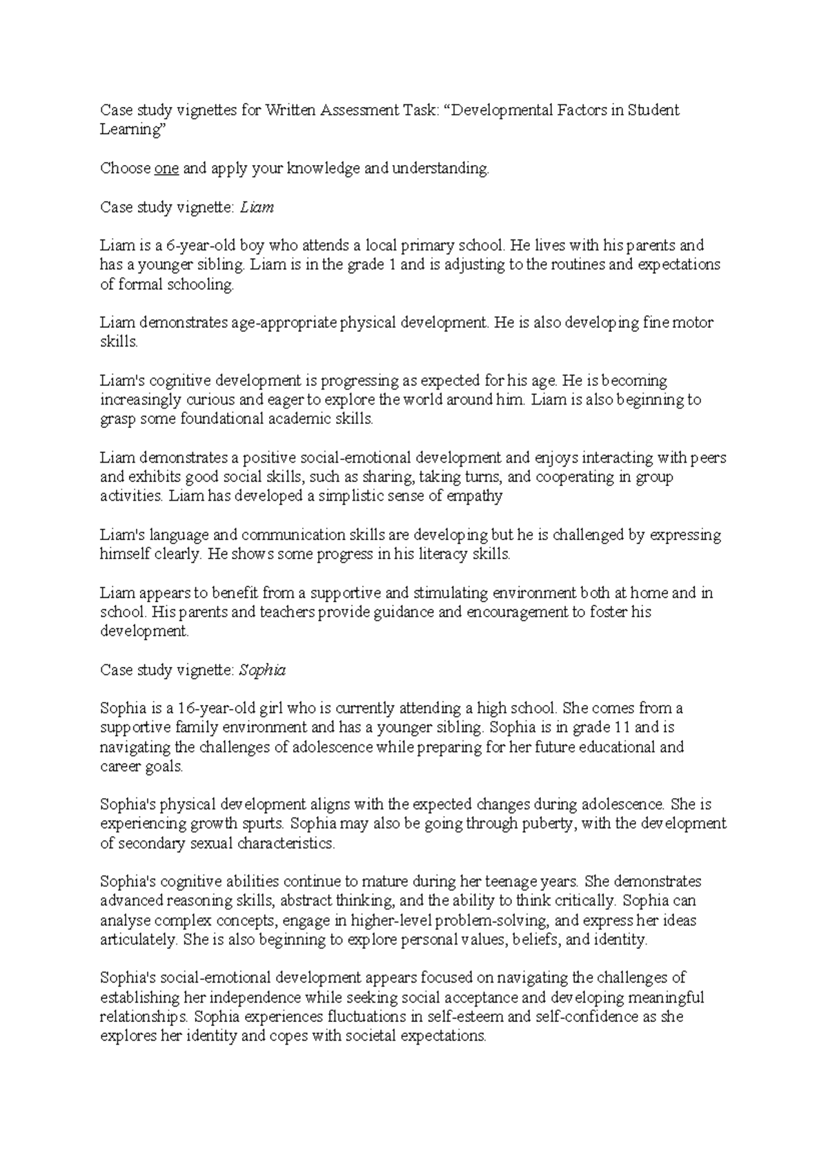 Assessment 1 Case Studies - Case study vignettes for Written Assessment ...