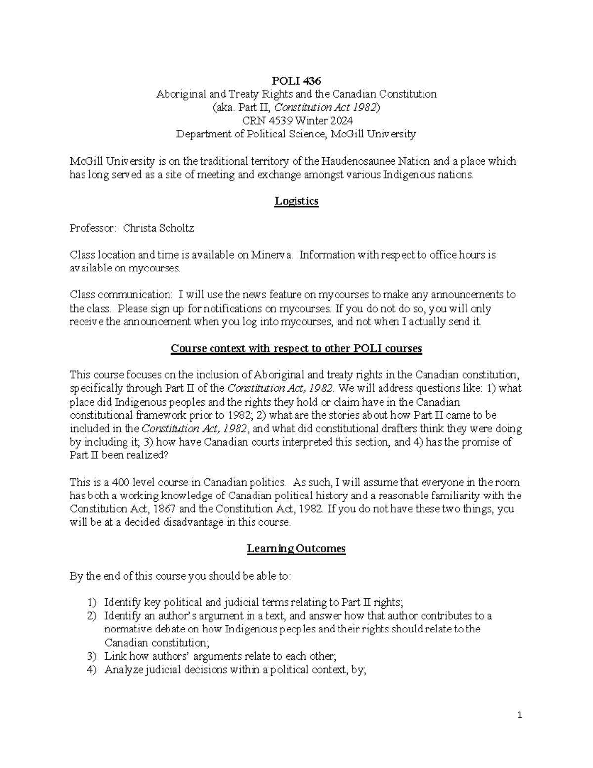 Poli 436-scholtz-course outline-w24 - POLI 436 Aboriginal and Treaty ...