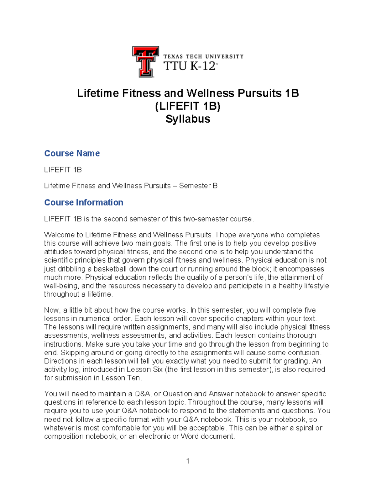 Lifefit 1B-Syllabus-v2 - Lifetime Fitness and Wellness Pursuits 1B ...