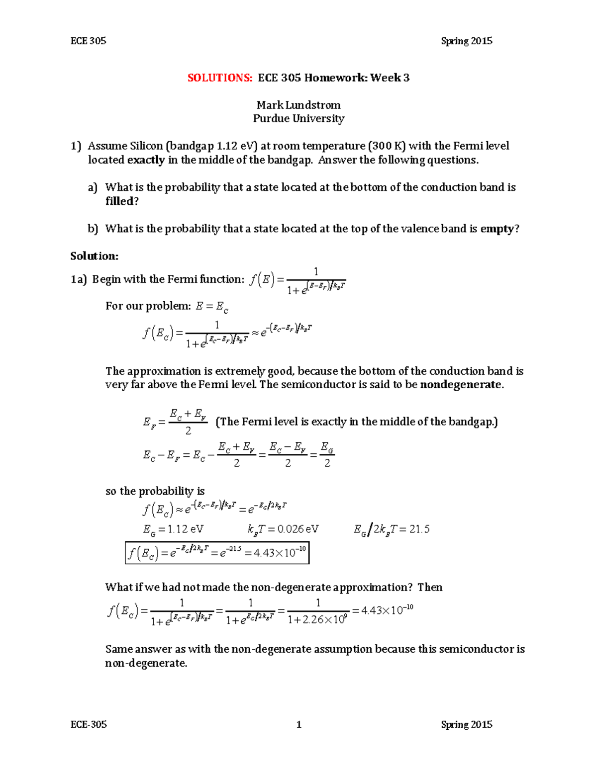 Week3HW S15 Solutions - answers to tutorial - **SOLUTIONS: ECE 305 ...
