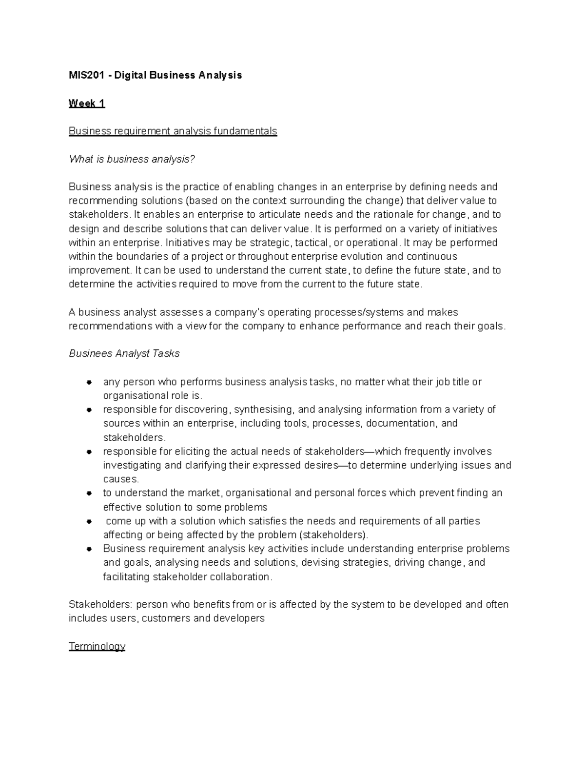 MIS201 - Digital Business Analysis Pre-Class Notes - MIS201 - Digital ...