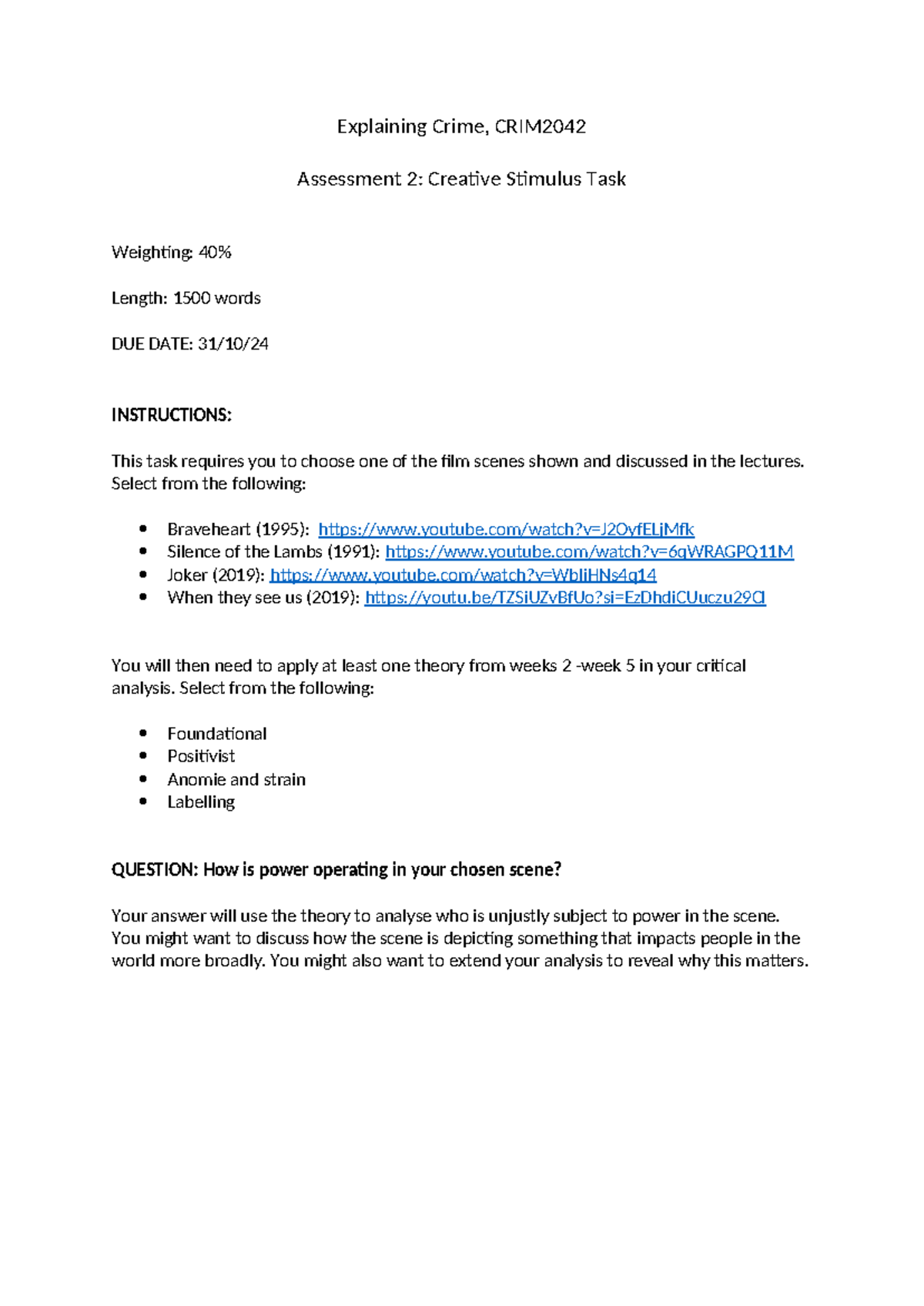 Assessment Two: Creative Stimulus Analysis - CRIM2042 - Explaining ...