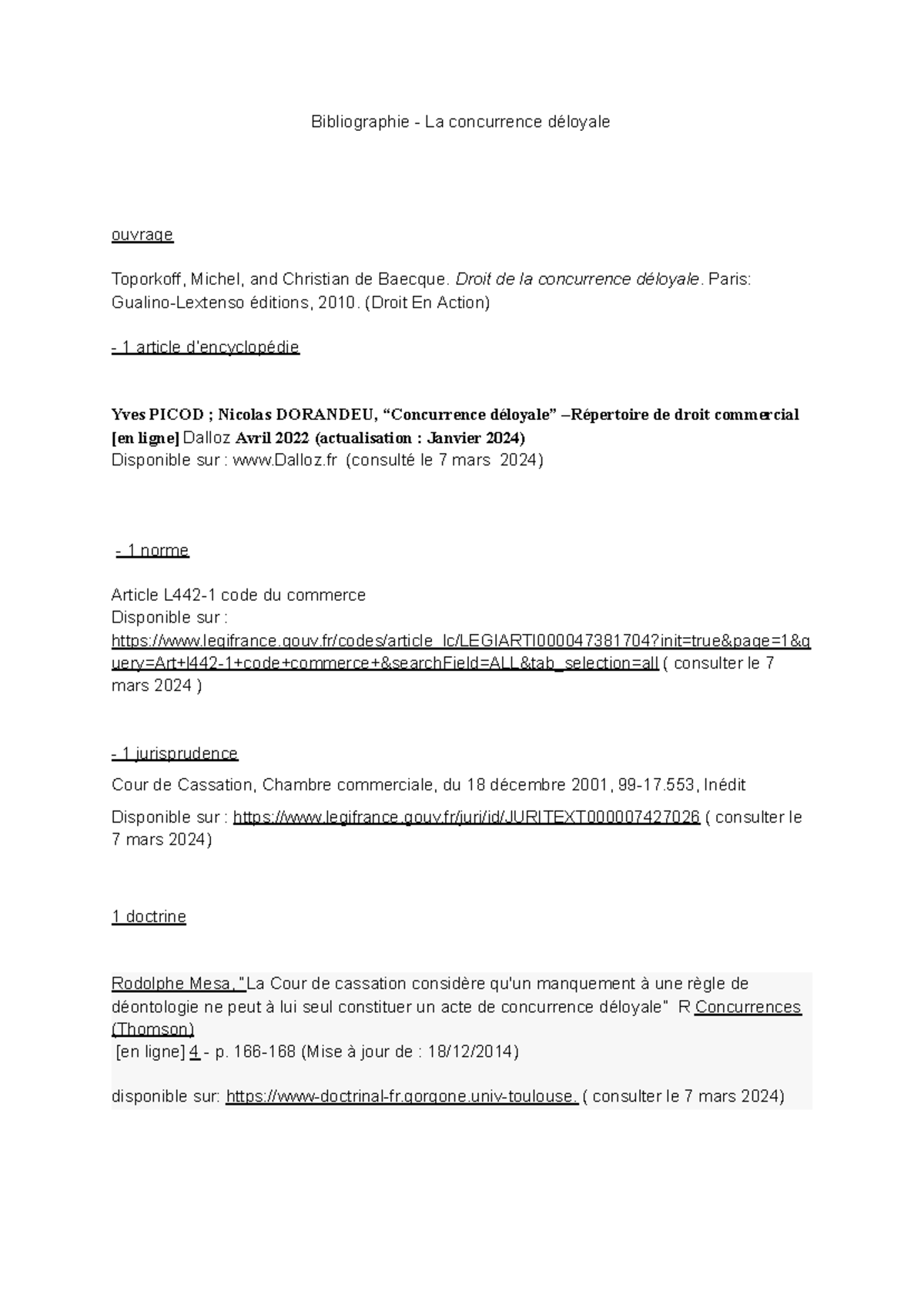 Bibliographie - Droit de la concurrence déloyale. Paris: Gualino ...