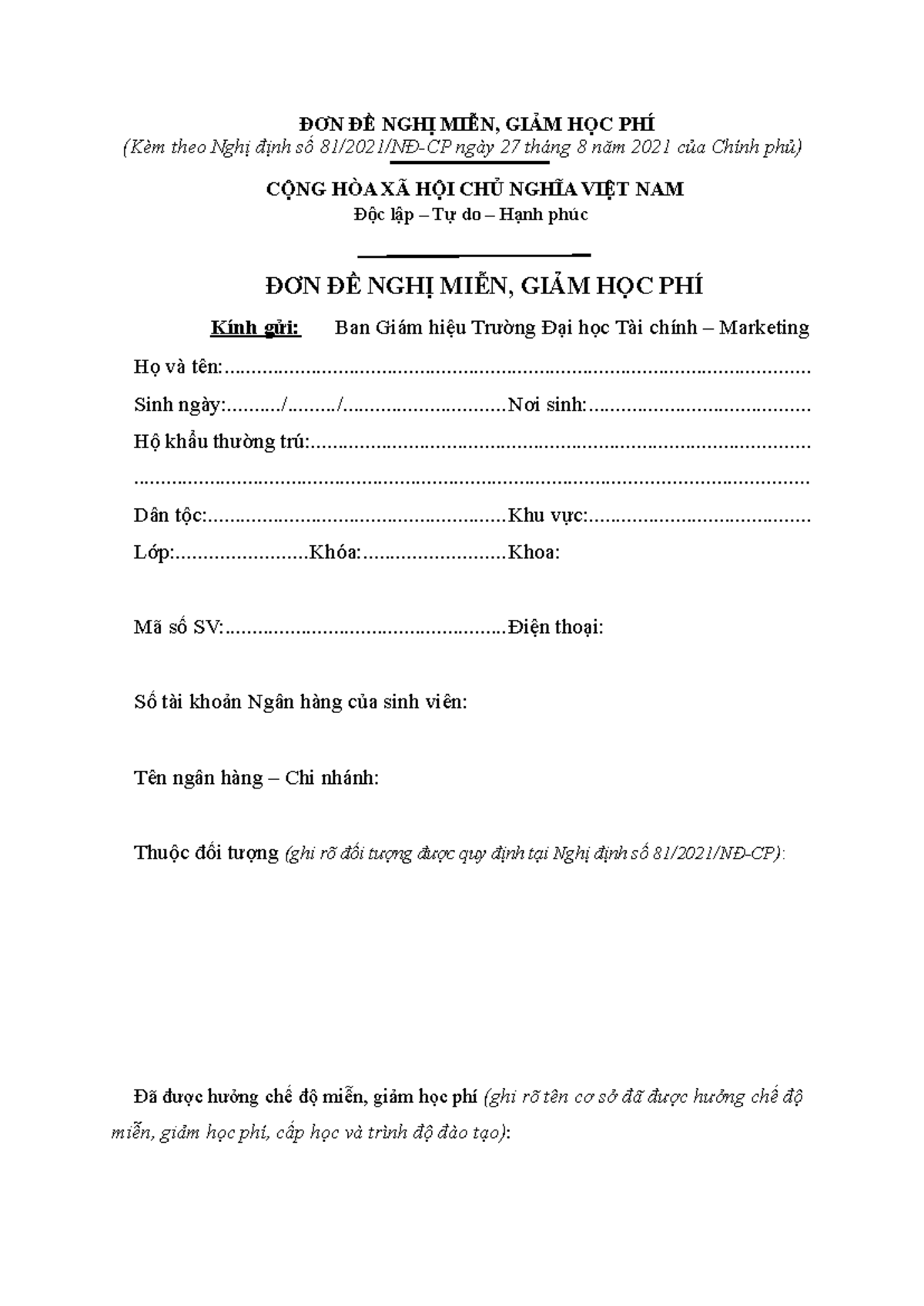B21 - bài tập tin học ứng dụng - ĐƠN ĐỀ NGHỊ MIỄN, GIẢM HỌC PHÍ (Kèm ...