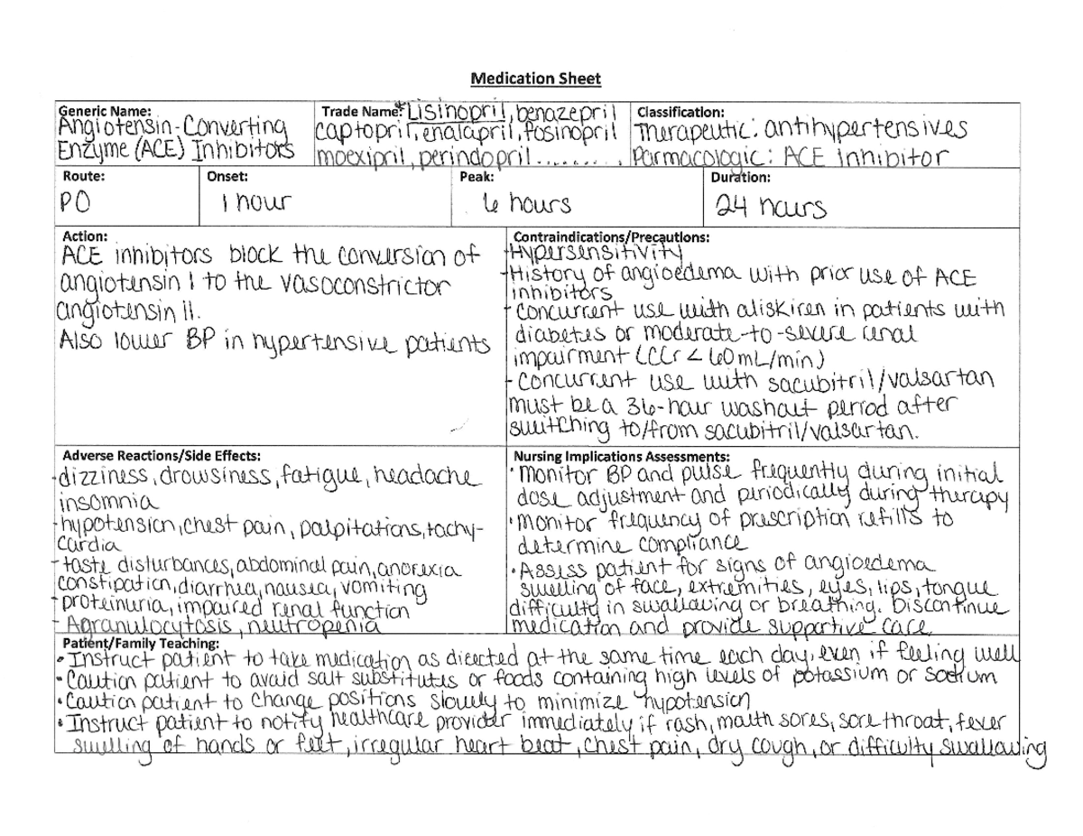 Med sheet - ACE Inhibitors - NUR1211C - Studocu