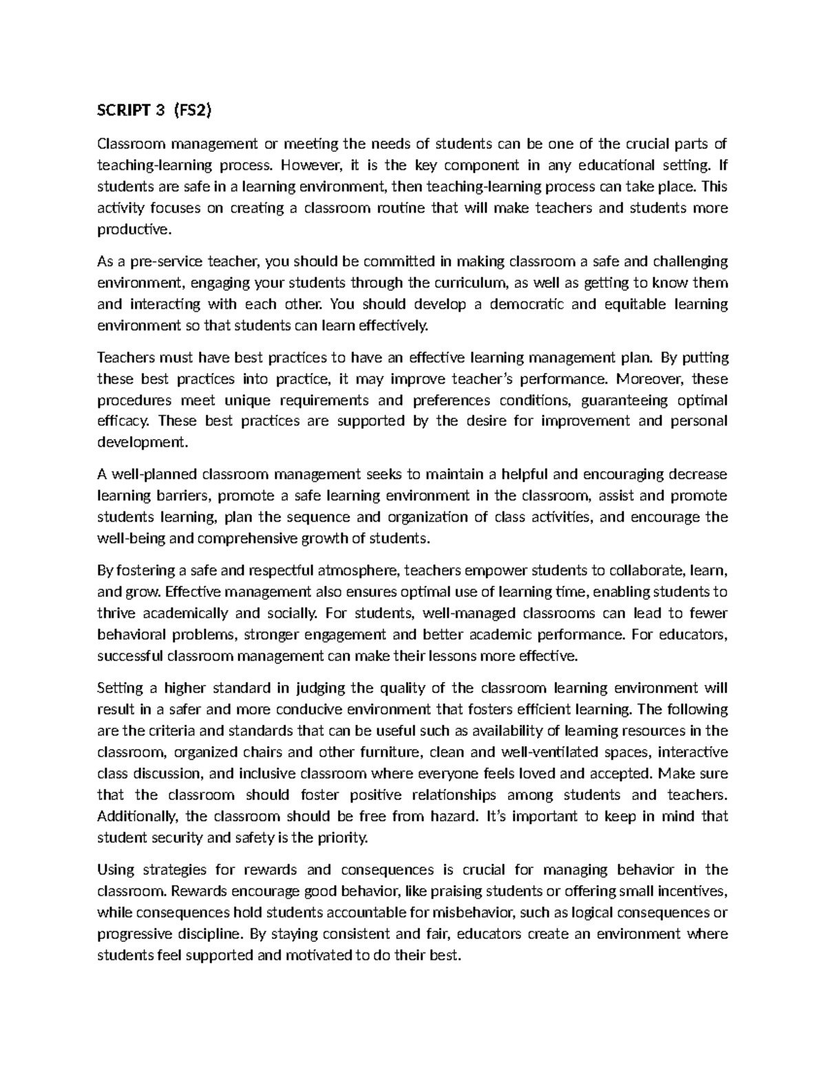 Script-3-FS2 - Hope it can help - SCRIPT 3 (FS2) Classroom management ...