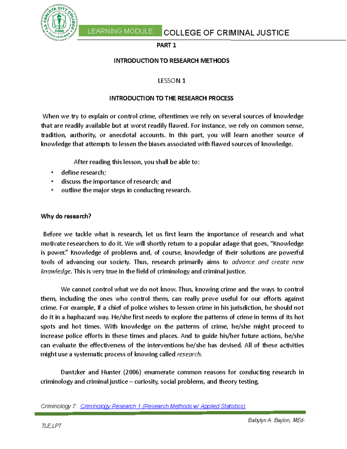 Module#1 Lesson 1 Student Copy - COLLEGE OF CRIMINAL JUSTICE PART 1 INTRODUCTION TO RESEARCH ...