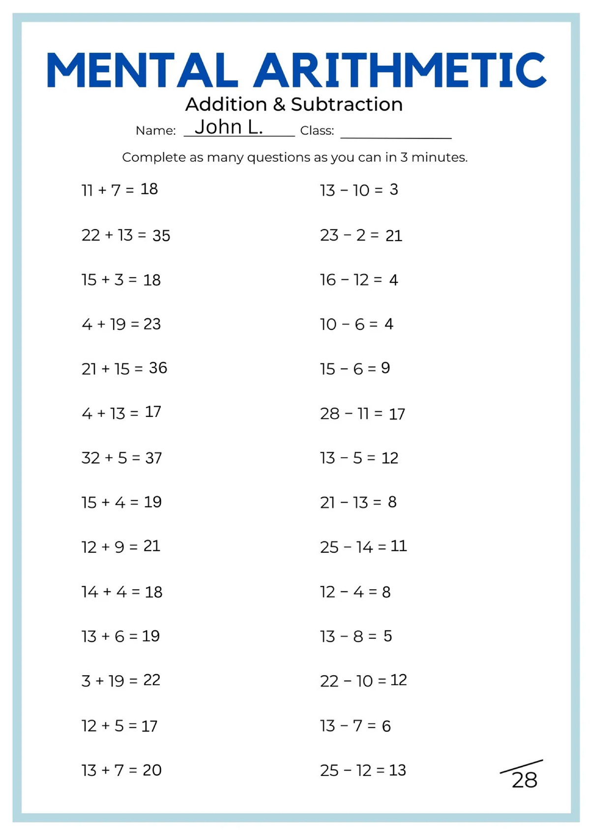 Mental Arithmetic Worksheet - MENTAL ARITHMETIC Addition Subtraction ...