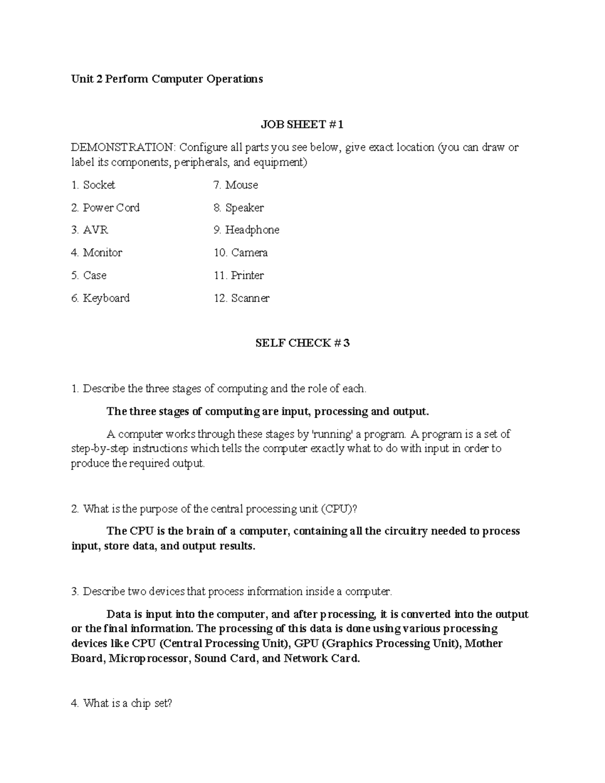 Unit 2 - Unit 2 Perform Computer Operations JOB SHEET # 1 DEMONSTRATION: Configure all parts you ...