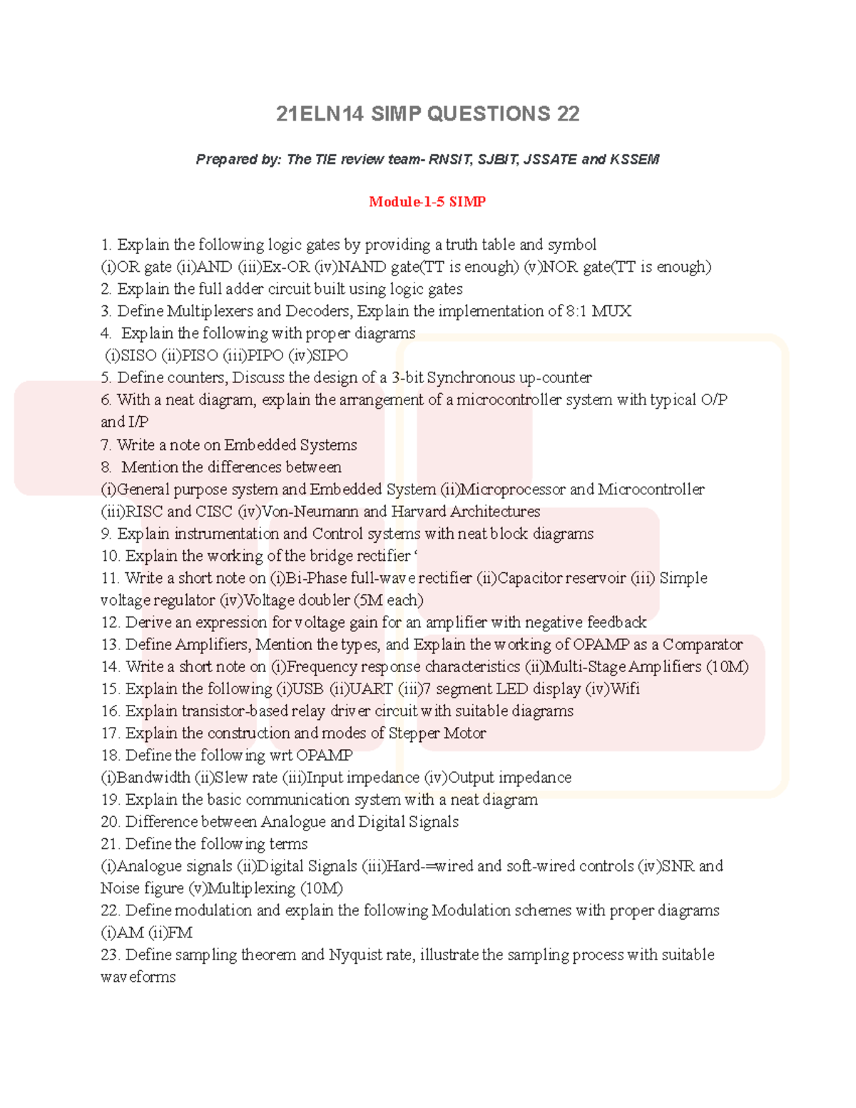 21ELN14-simp-tiepdf - Rahul - 21ELN14 SIMP QUESTIONS 22 Prepared by ...