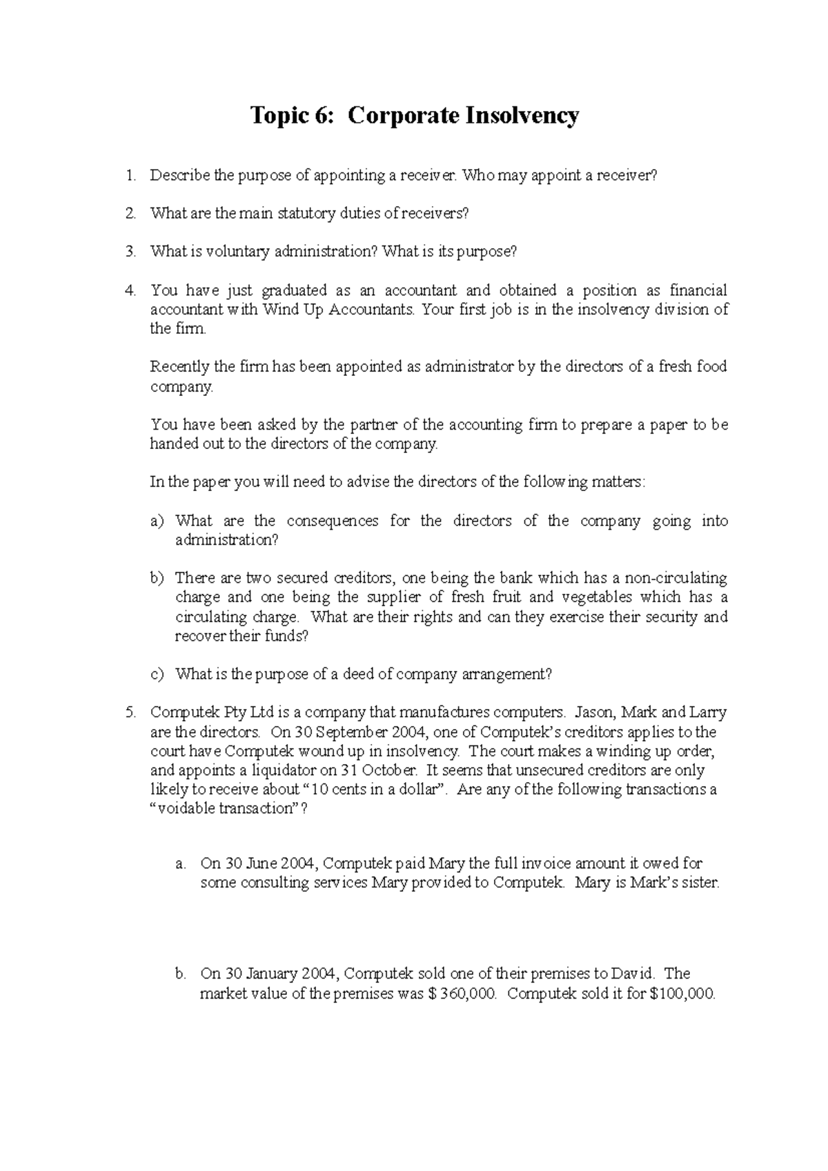 LIFM Topic 6 Tutorial Questions - Topic 6: Corporate Insolvency 1 ...