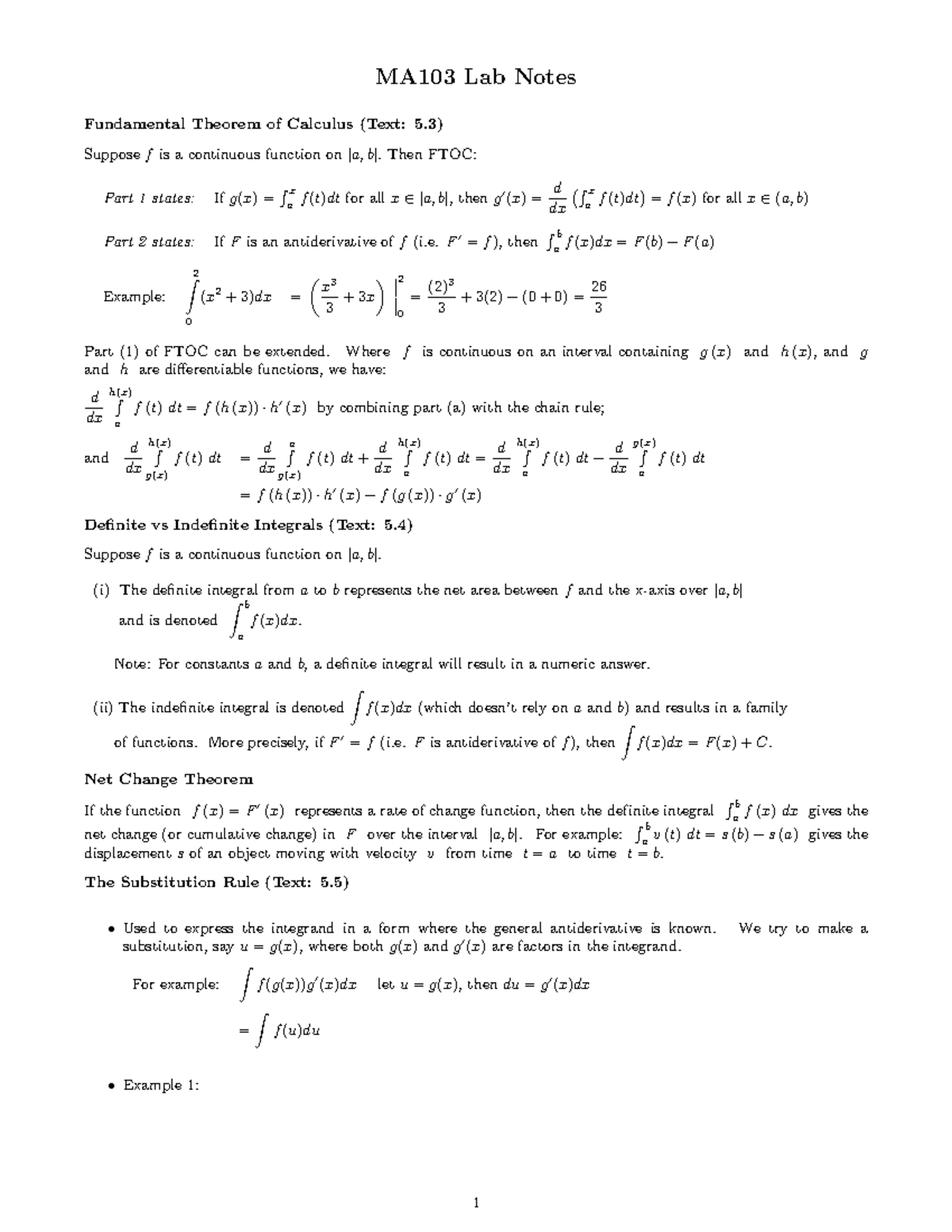 MA103 Lab 9 Notes - MA103 Lab Notes Fundamental Theorem of Calculus ...