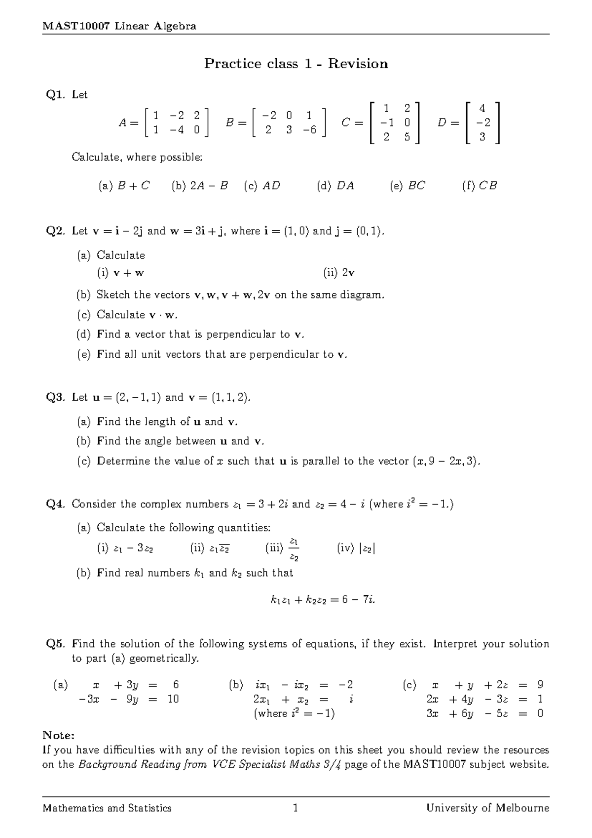 T01 Questions And Solutions - MAST10007 Linear Algebra Practice class 1 ...